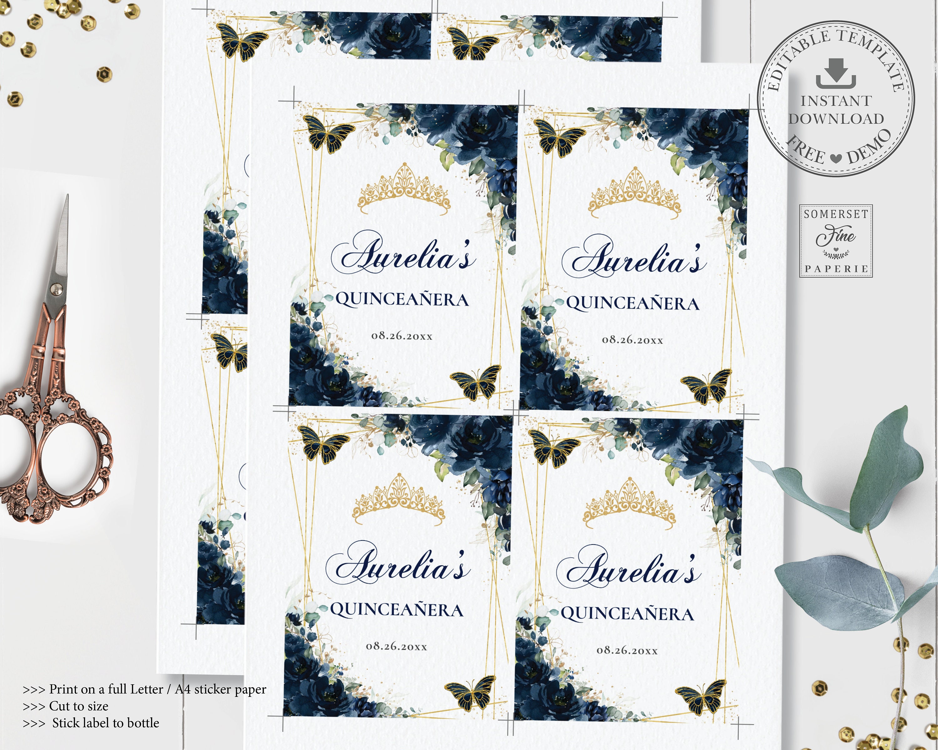 EDITABLE TEMPLATE Wine Bottle Labels Navy Blue Floral Flower - Etsy ...