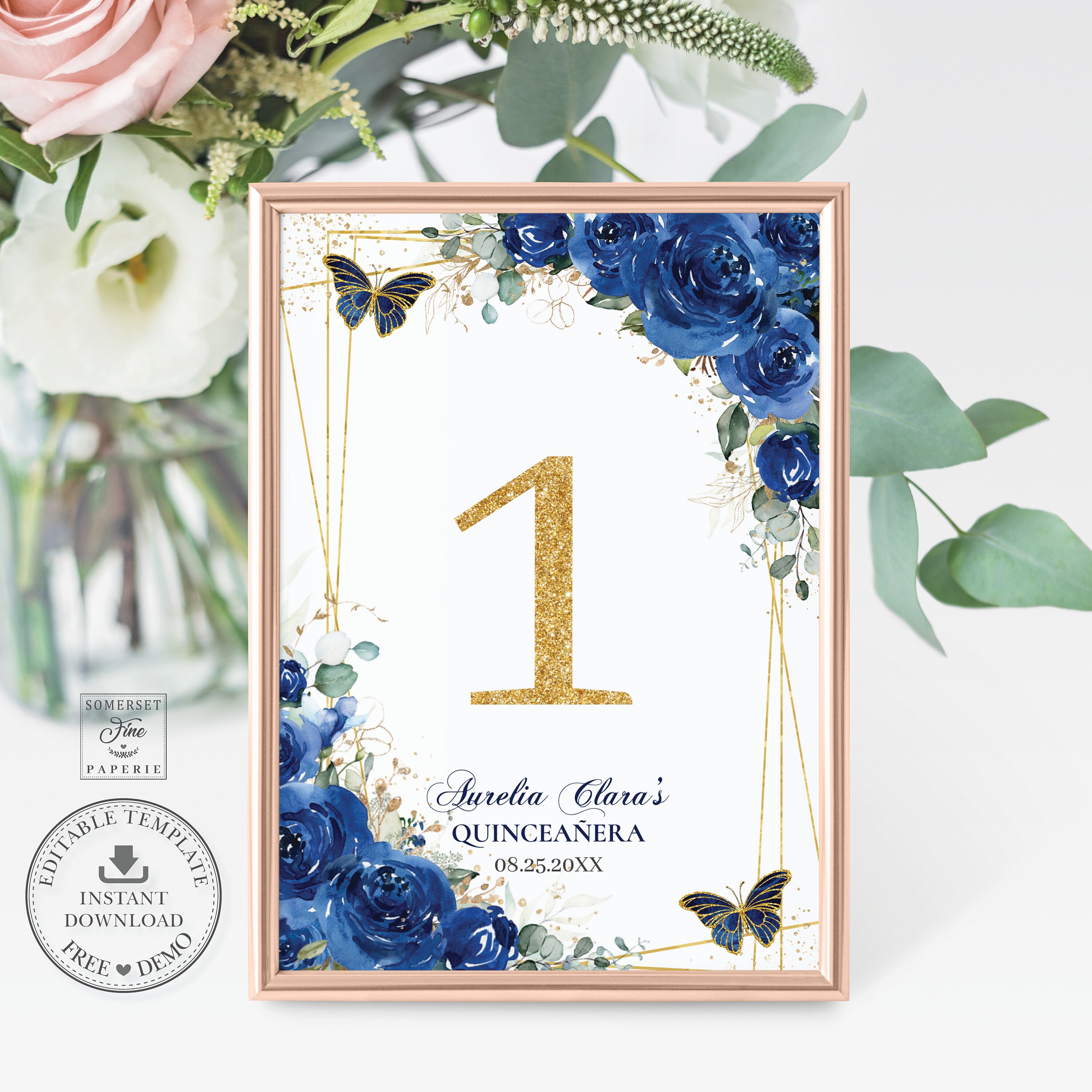Royal Blue Floral Butterflies Table Number EDITABLE TEMPLATE ...