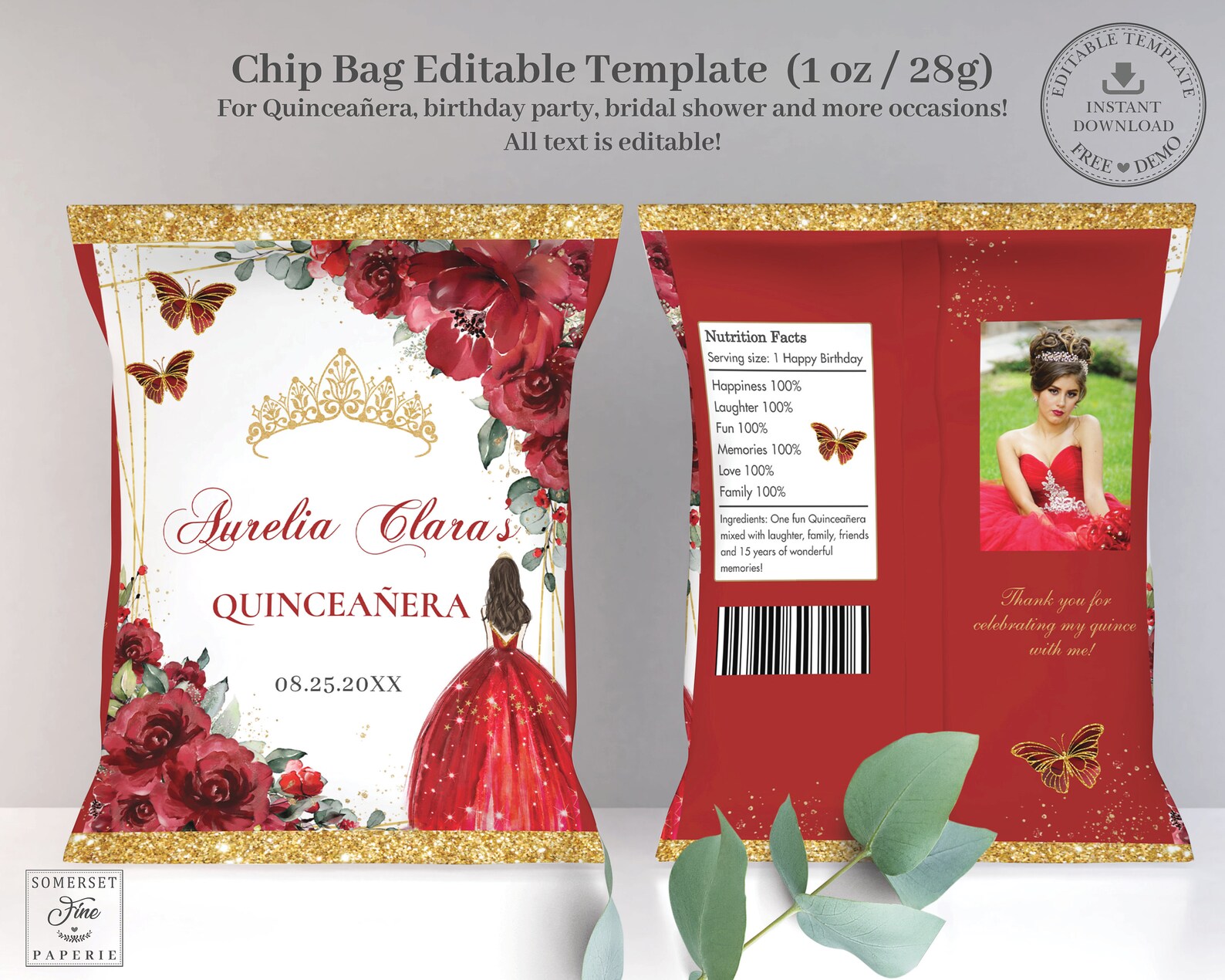 EDITABLE TEMPLATE Chip Bag Red Floral Princess Butterflies Quinceañera ...