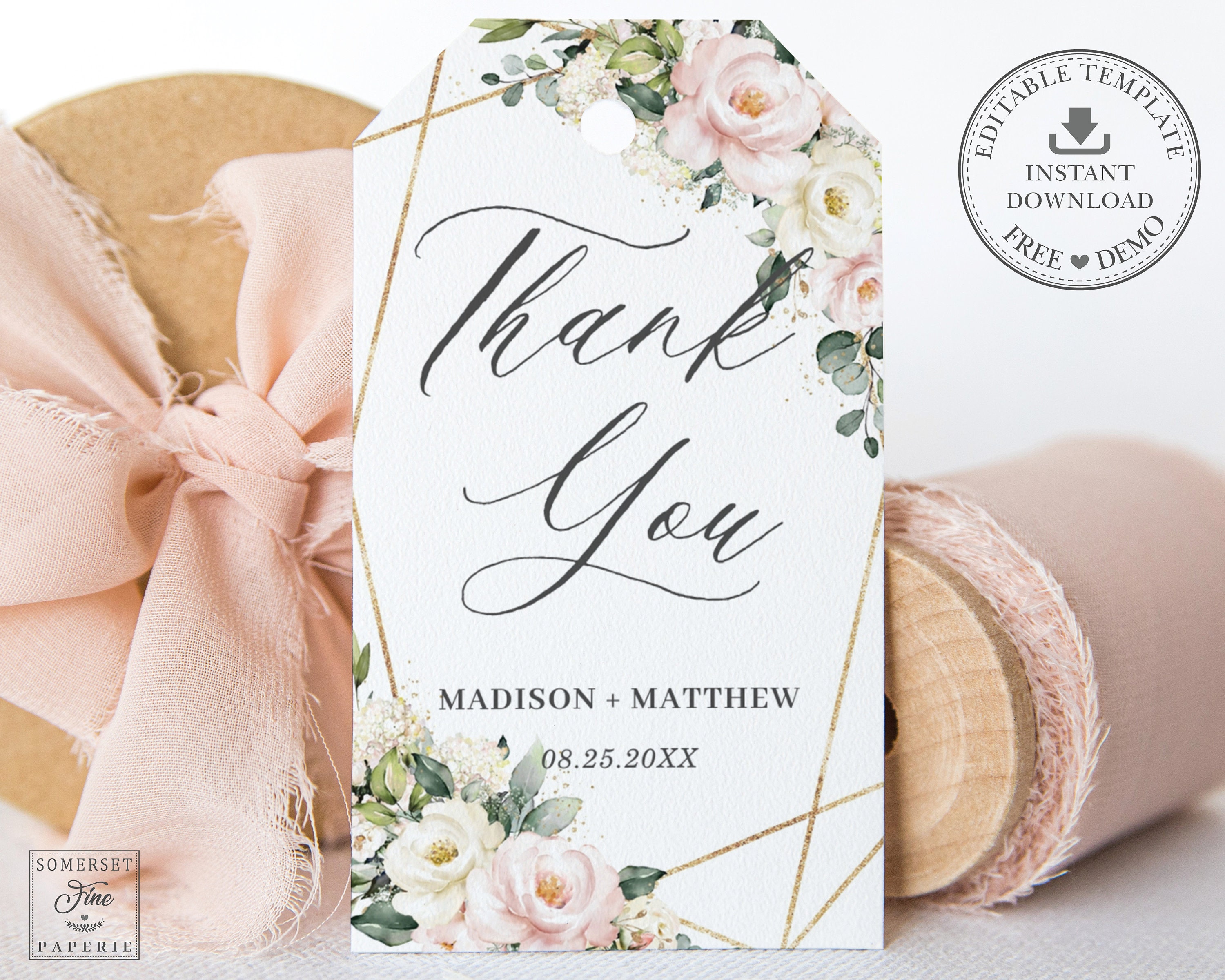Chic Blush Pink Ivory White Roses Tag EDITABLE TEMPLATE Gold - Etsy