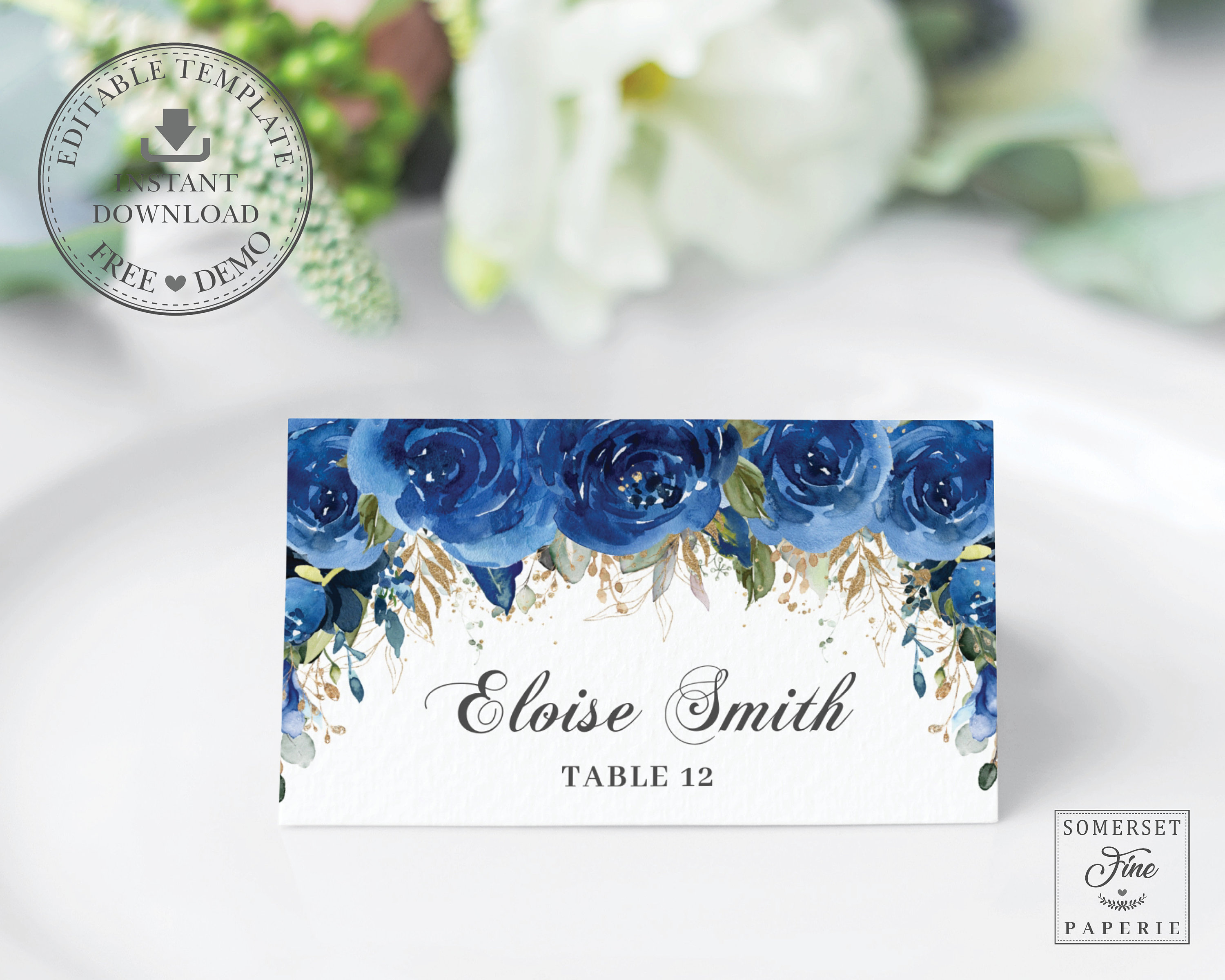 Royal Blue Floral Place Cards Printable EDITABLE TEMPLATE, Guest Name ...