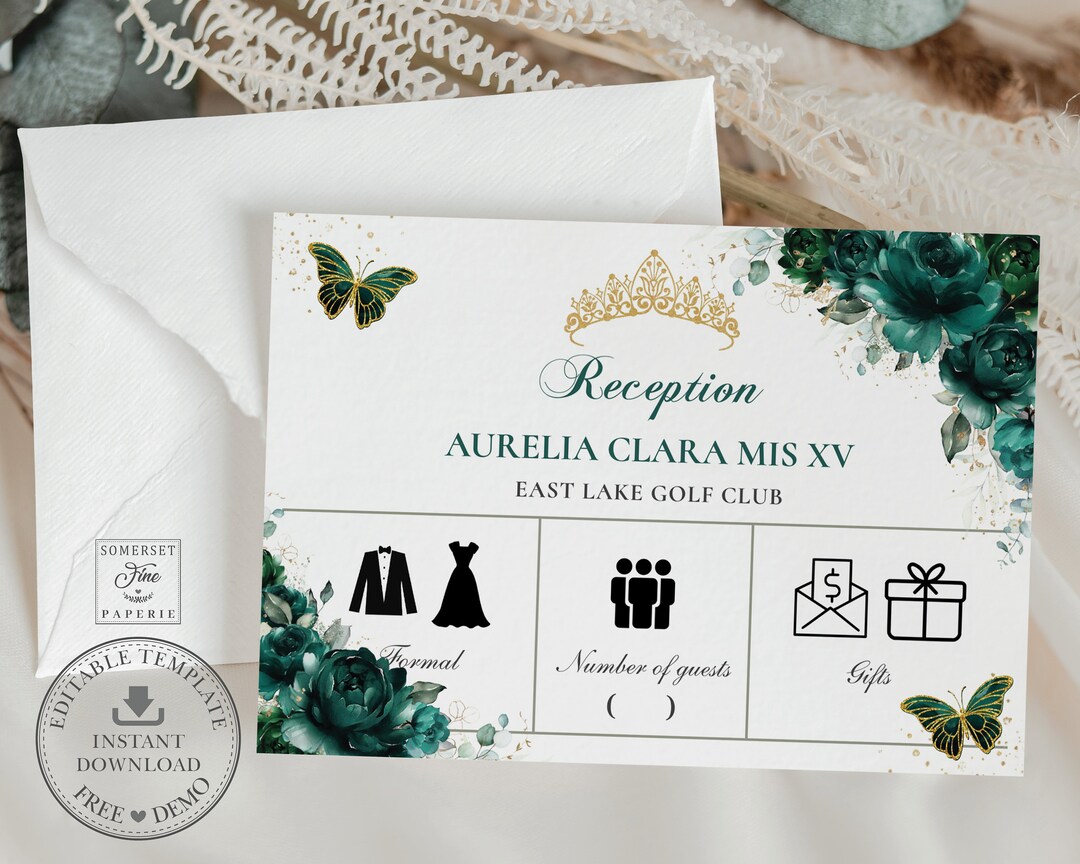 Emerald Green Floral Gold Quinceañera Reception Details Enclosure Card ...
