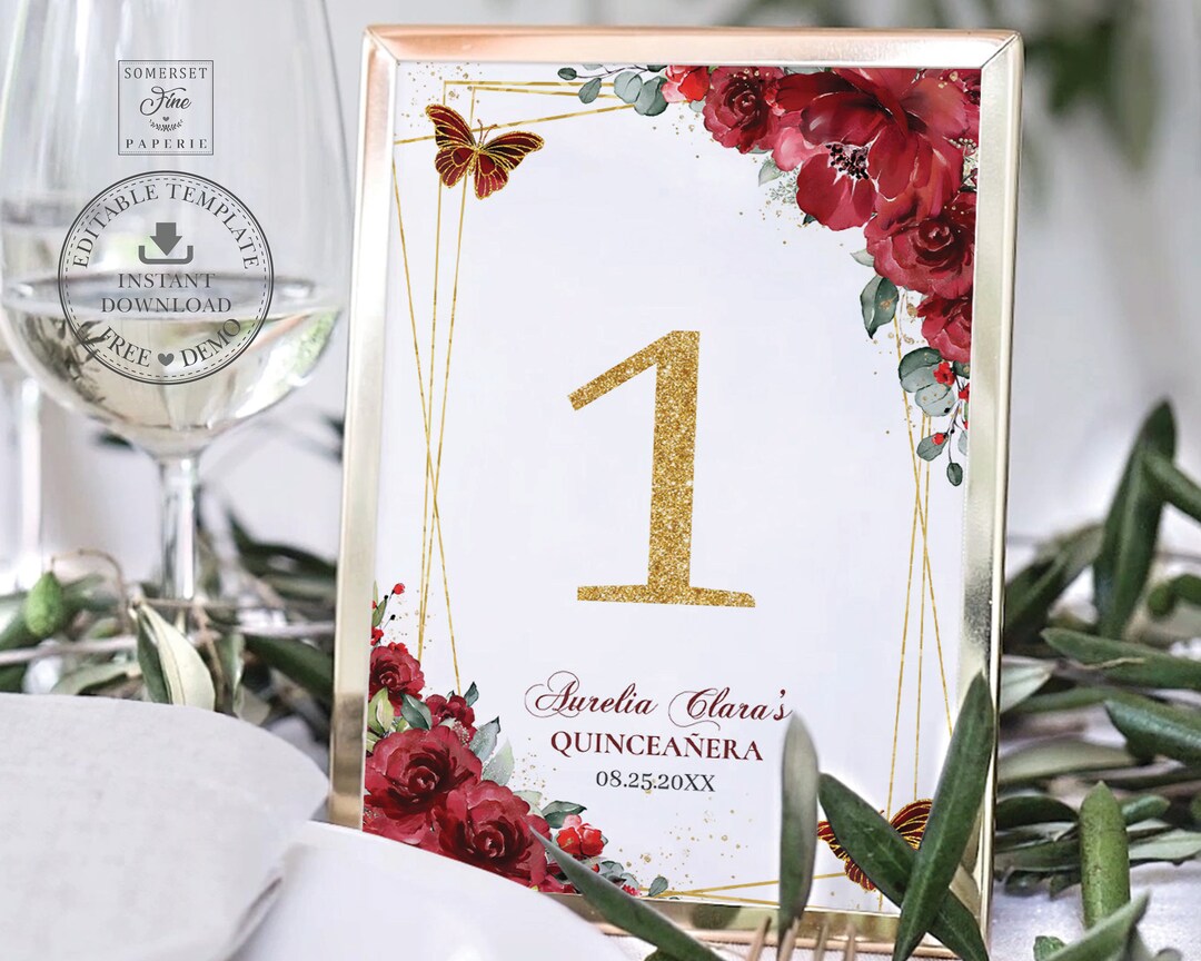 Red Floral Butterflies Gold Quinceañera Table Number EDITABLE TEMPLATE ...