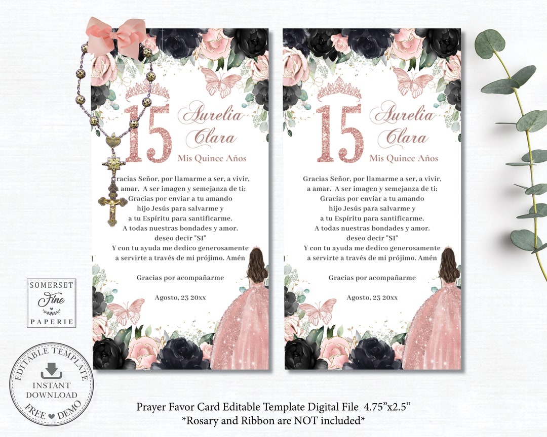 Prayer Card Rosary Favor Black Pink Floral Rose Gold Gown EDITABLE ...