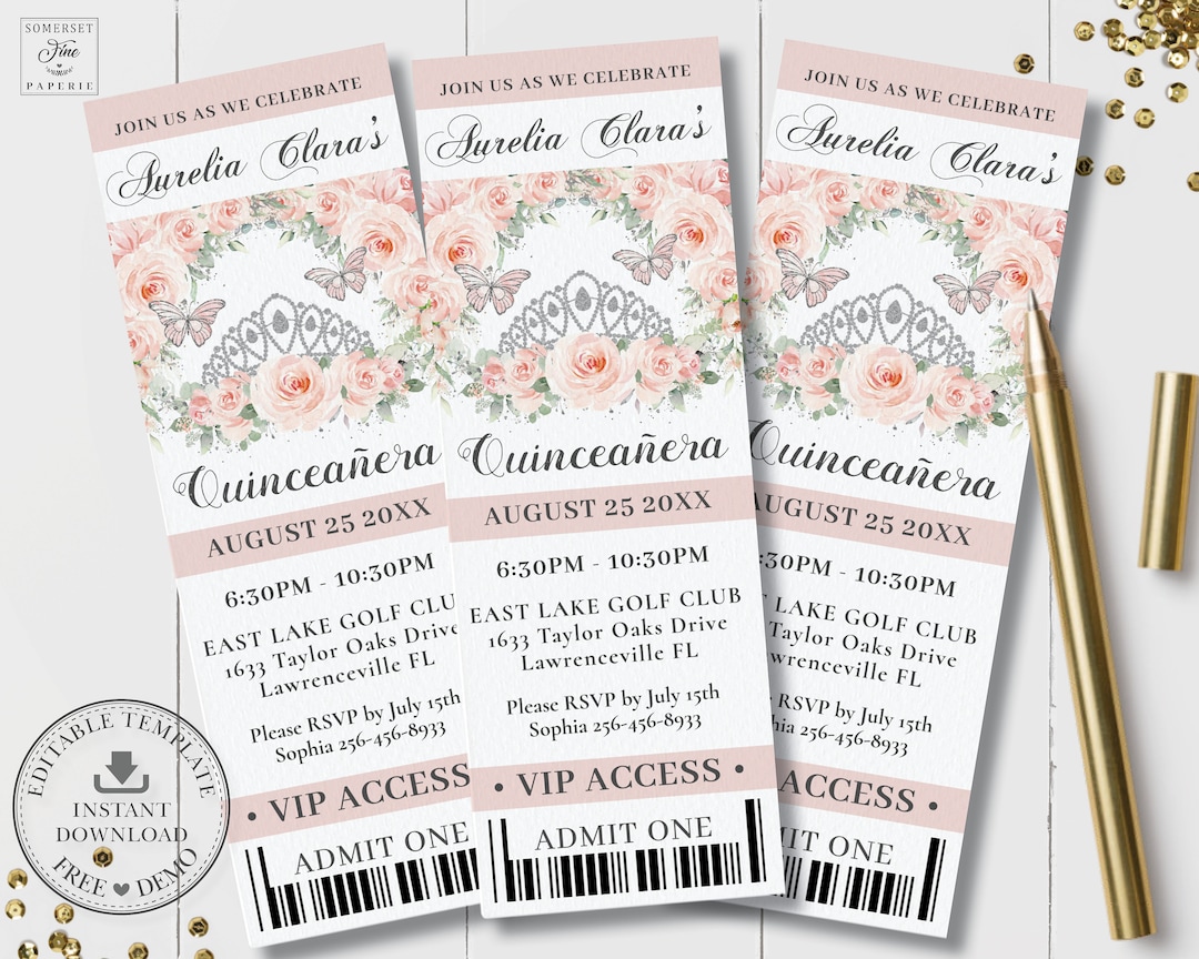 Blush Floral Silver Crown Butterflies Quinceañera VIP Ticket Invitation ...