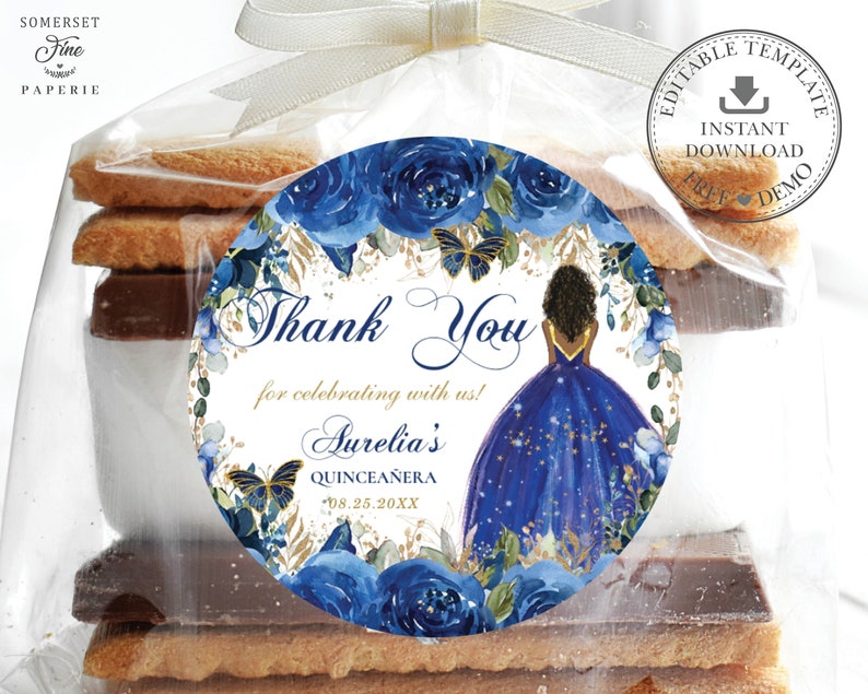 EDITABLE TEMPLATE 2" Circle Favor Label Royal Blue Floral Brown ...