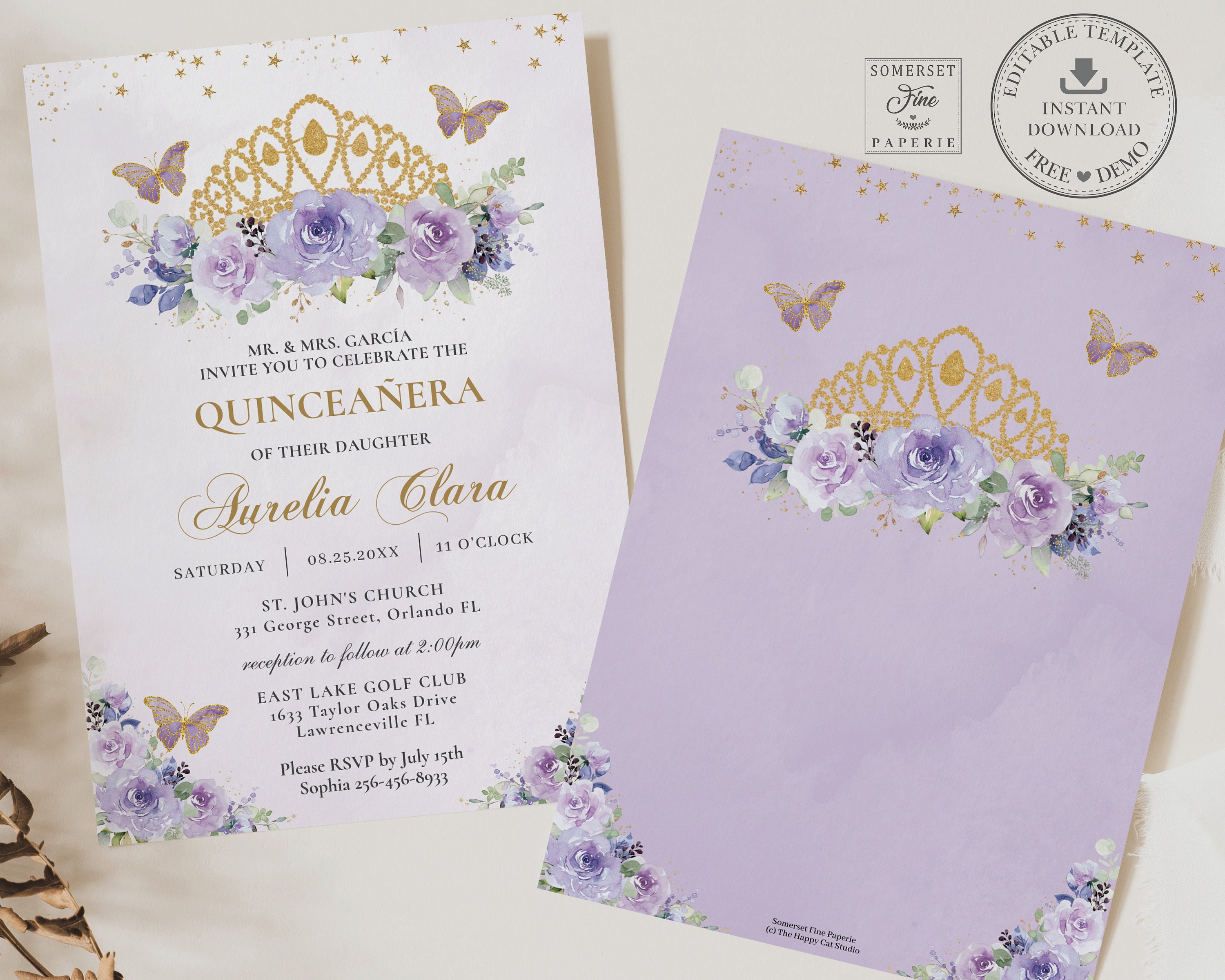 Purple Lilac Floral Quinceañera Invitation INSTANT DOWNLOAD, Gold Tiara ...