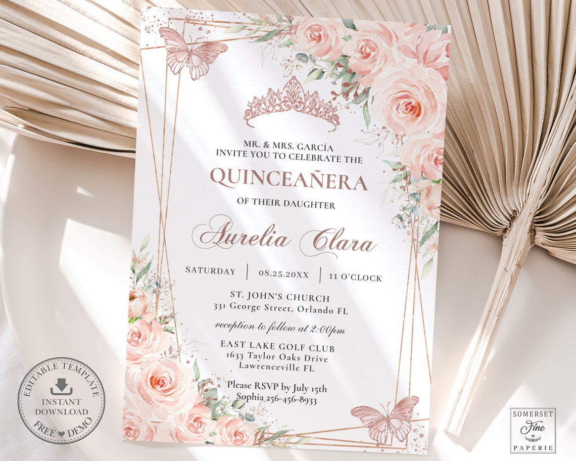 Chic Blush Floral Rose Gold Quinceañera Invitation Printable EDITABLE ...