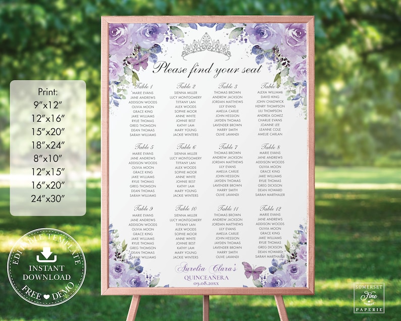 Purple Lilac Floral Silver Butterfly Quinceañera Seating Chart - Etsy