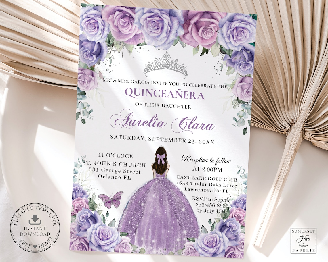 Lavender Lilac Purple Floral Silver Quinceañera Invitation - Etsy