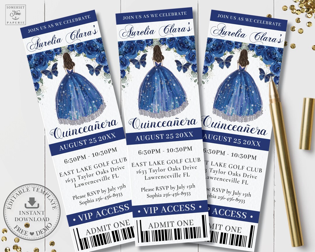 Royal Blue Floral Princess Silver Quinceañera Ticket Invitation ...