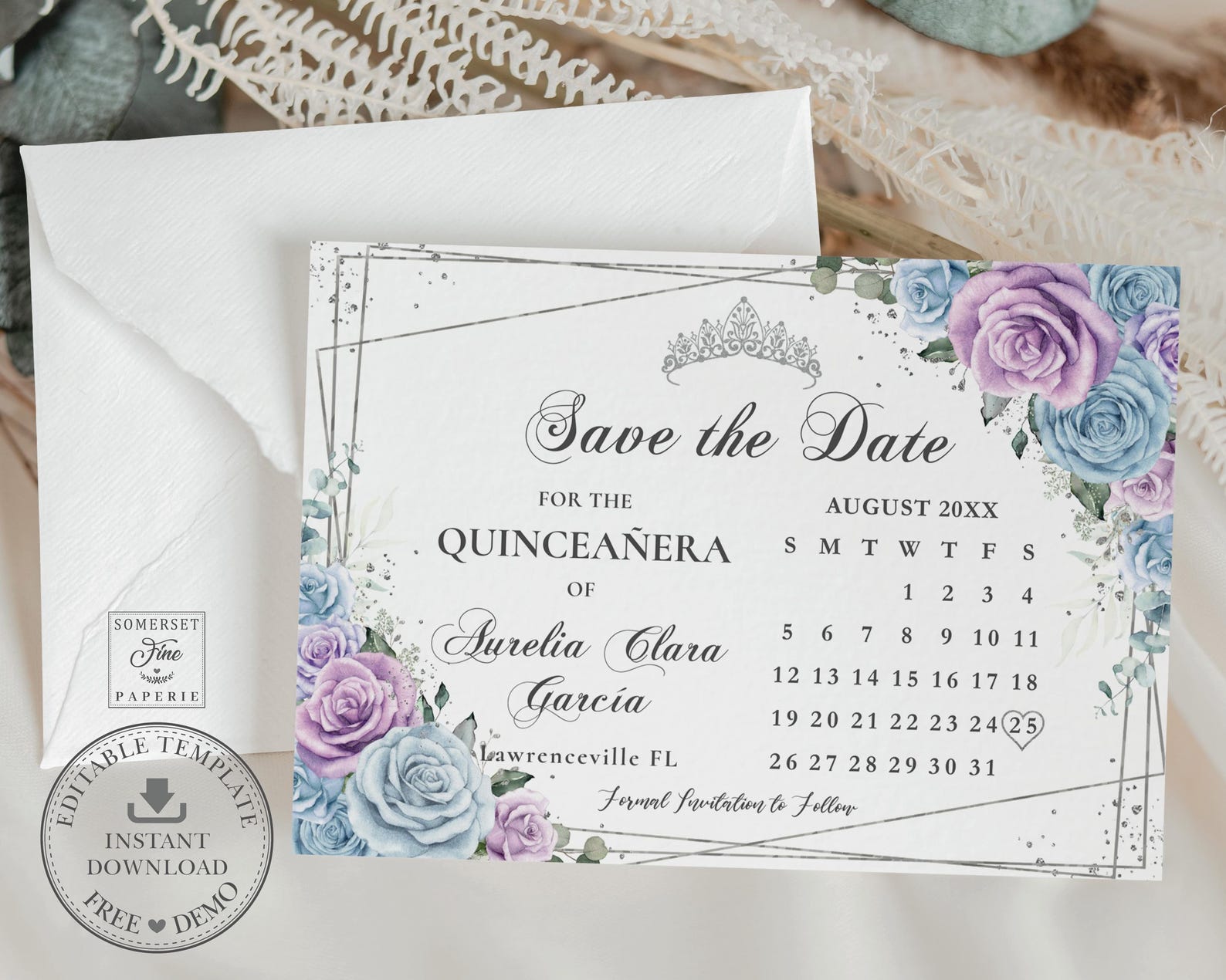 EDITABLE Baby Blue Purple Lilac Floral Silver Butterflies Quinceañera ...