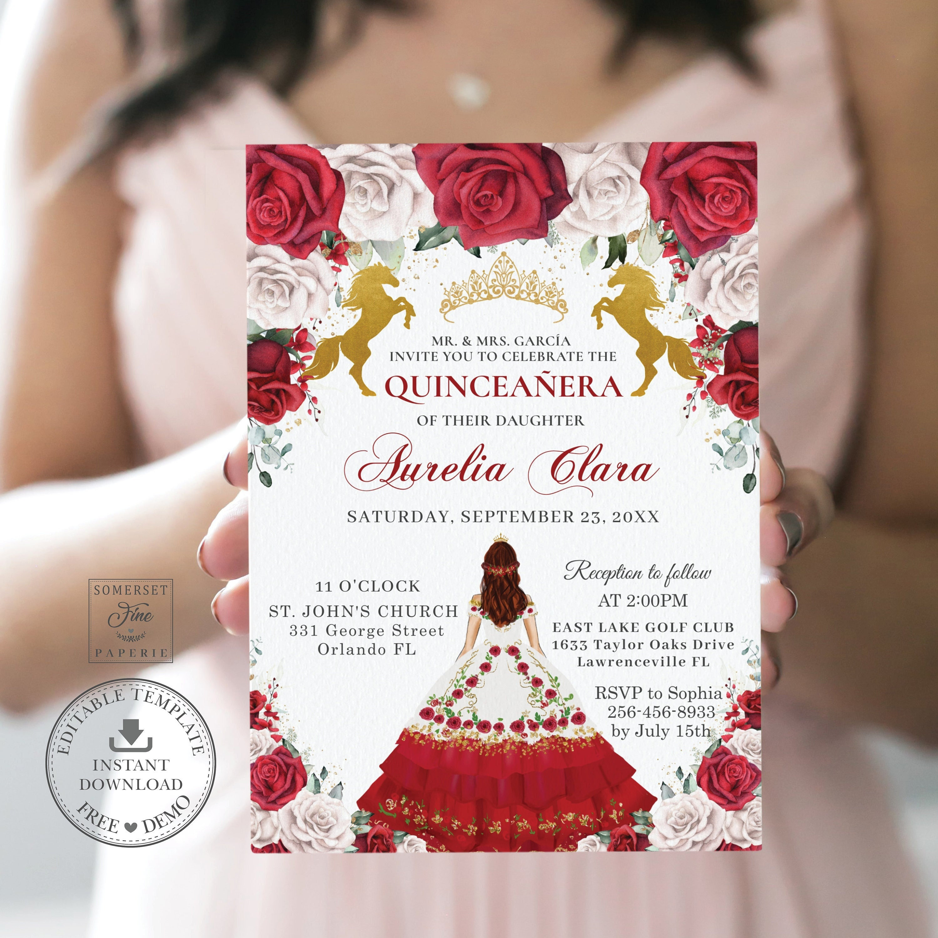 Red White Roses Floral Gold Quinceañera Invitation Printable - Etsy