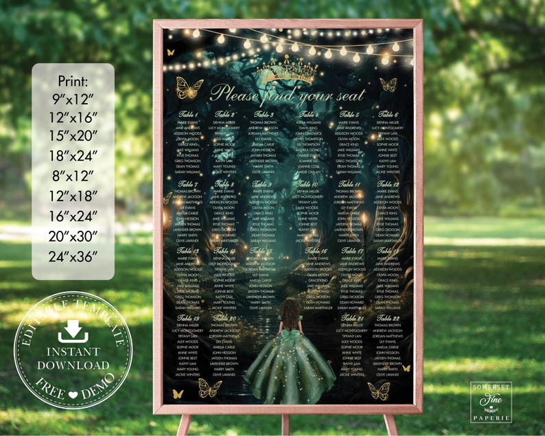 Enchanted Forest Emerald Green Brown Princess Quinceañera Seating Chart ...
