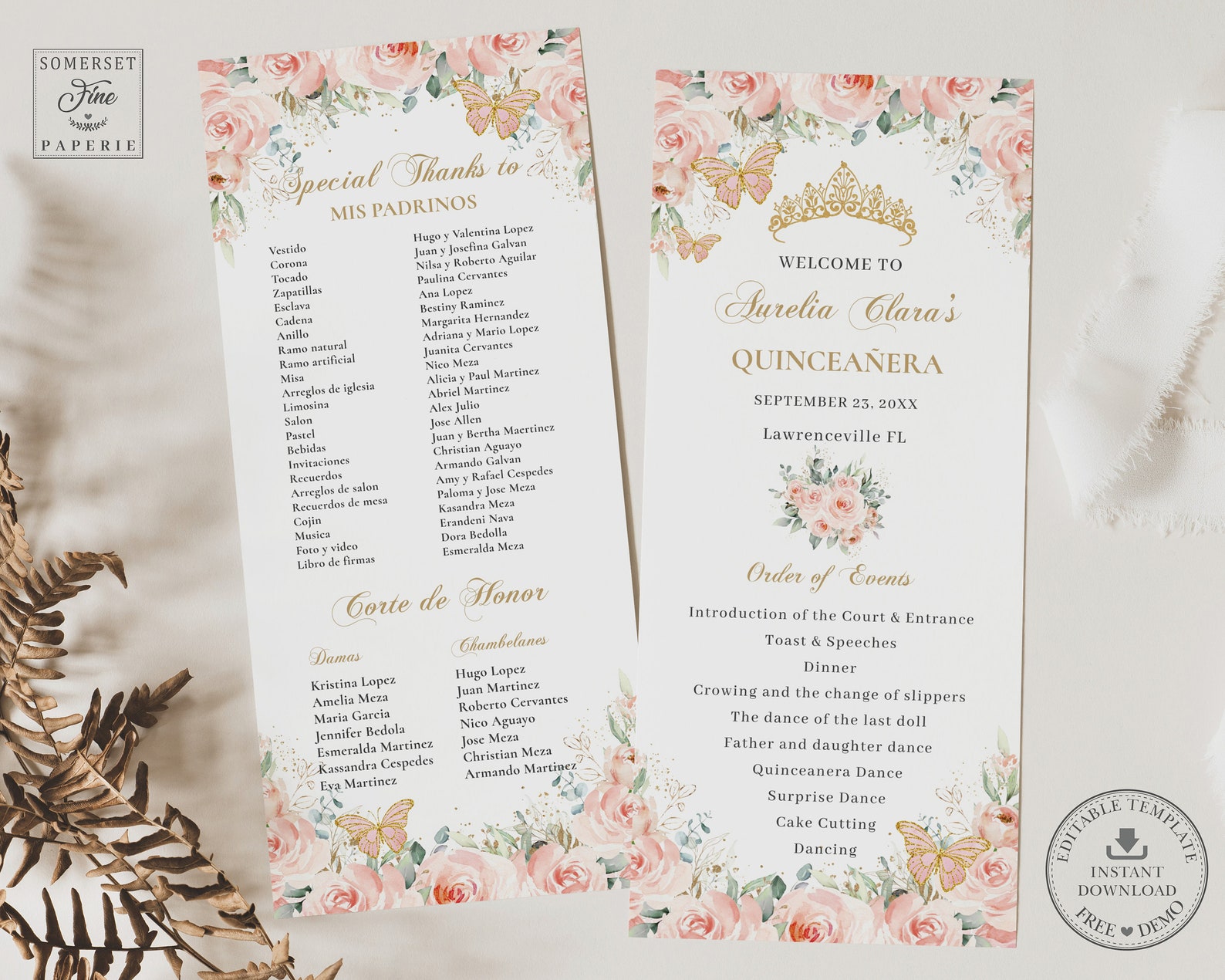 EDITABLE Slim Soft Blush Pink Floral Quinceanera Program Quince XV ...