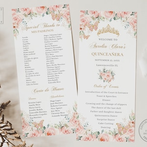 EDITABLE Slim Soft Blush Pink Floral Quinceanera Program Quince XV ...