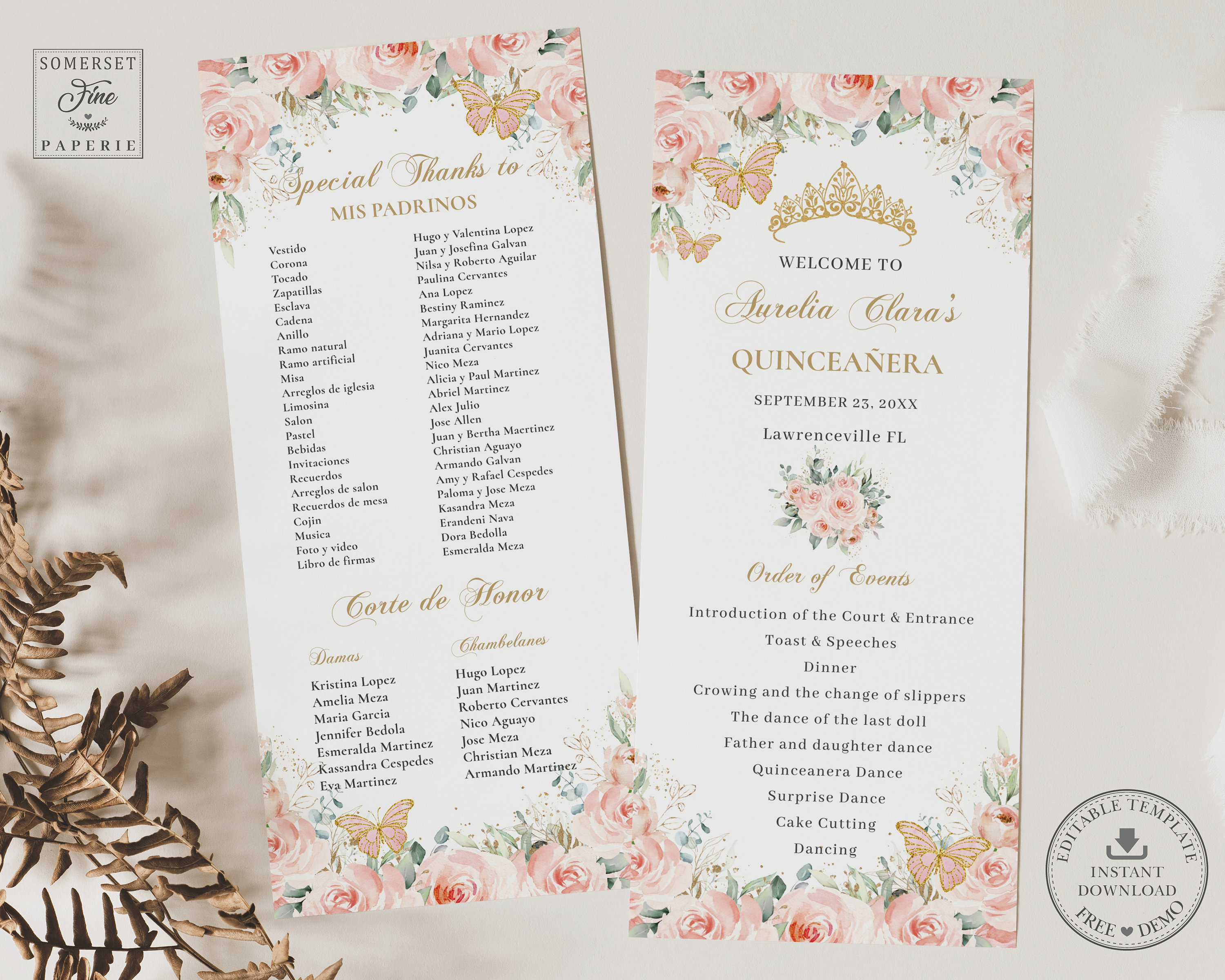 EDITABLE Slim Soft Blush Pink Floral Quinceanera Program Quince XV ...