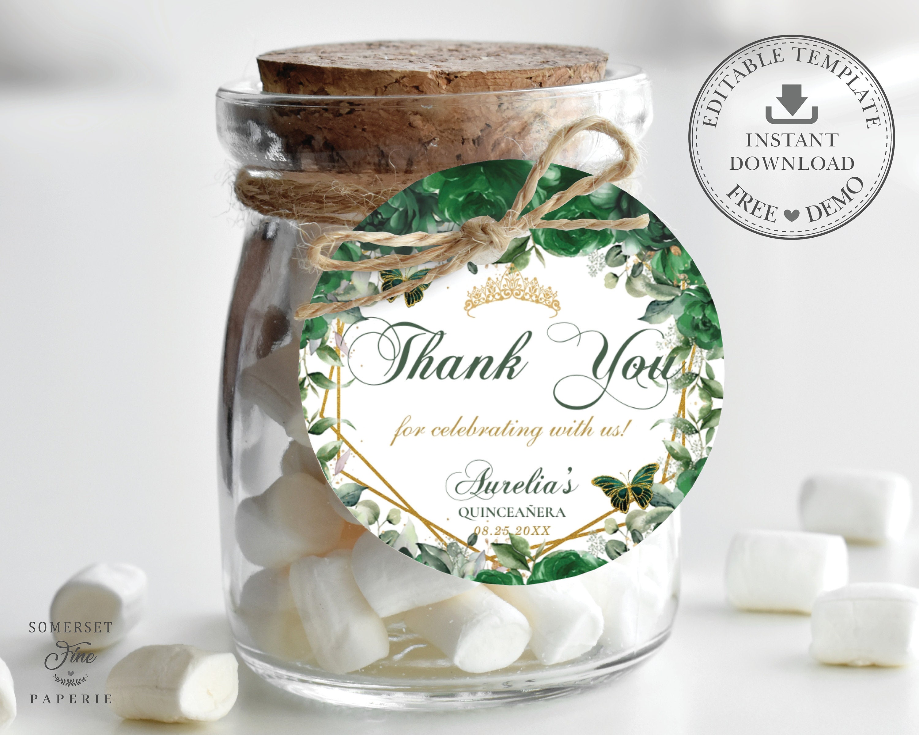 EDITABLE TEMPLATE 2" Circle Favor Label, Emerald Green Floral ...