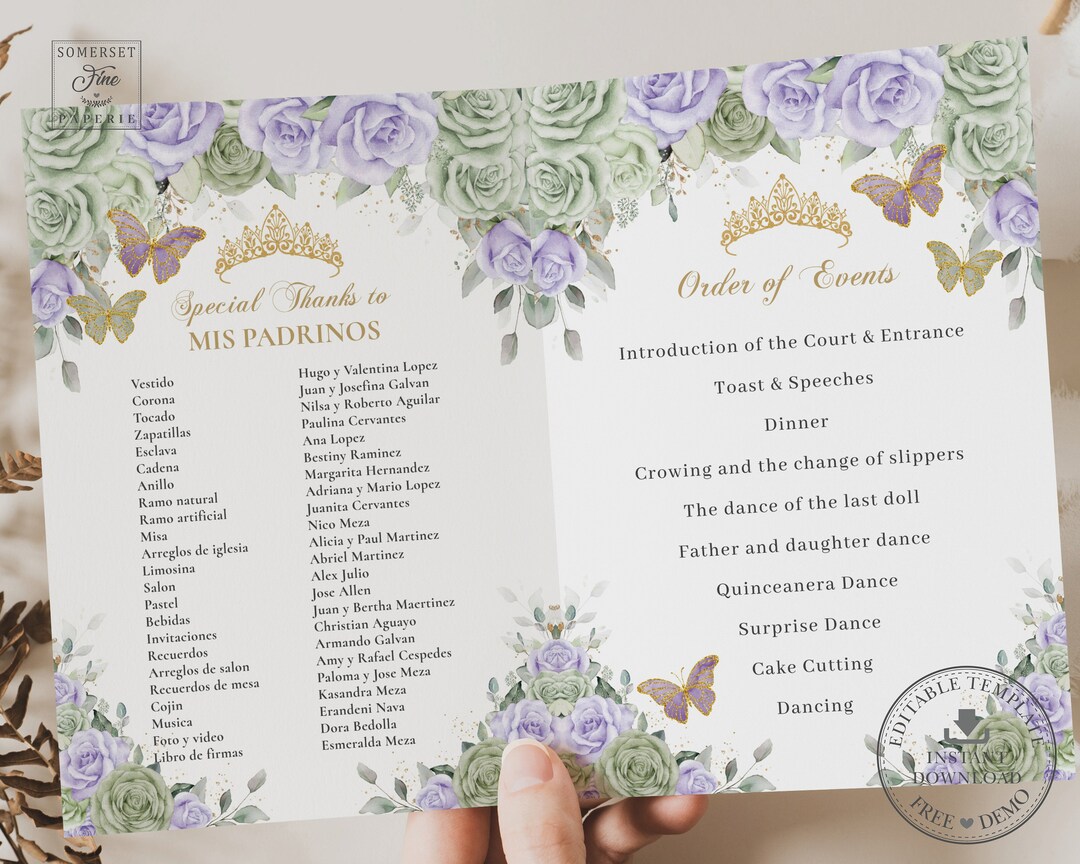 EDITABLE Sage Green Purple Floral Gold Butterflies Quinceanera Program ...