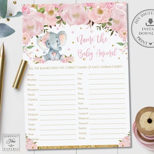Elephant Pink Floral Baby Shower Game Bundle, INSTANT DOWNLOAD ...