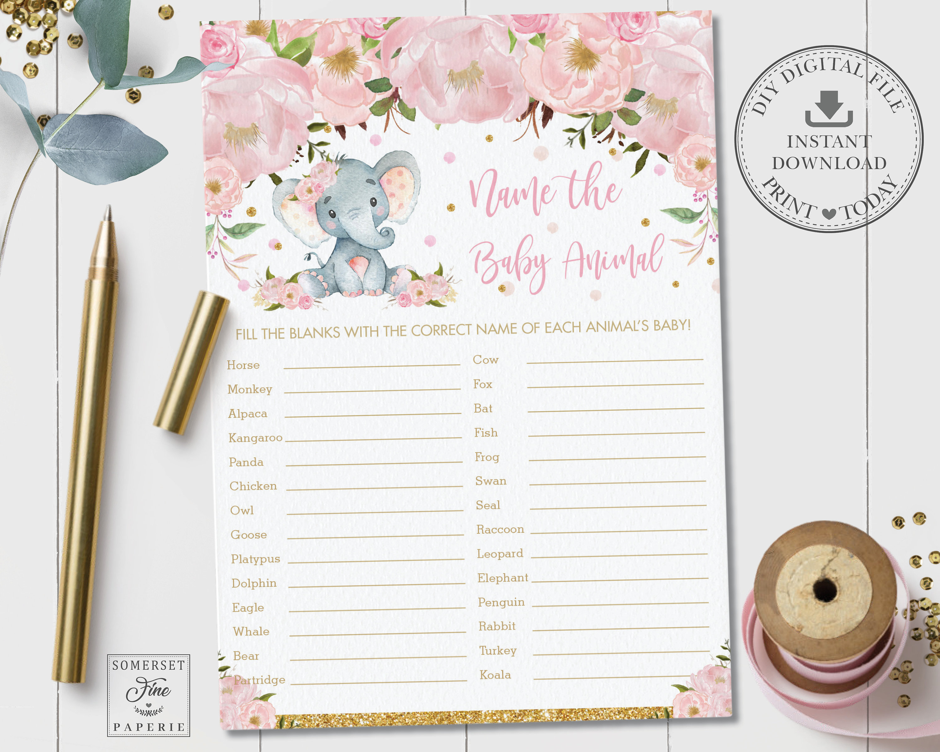 Elephant Pink Floral Baby Shower Game Bundle, INSTANT DOWNLOAD ...