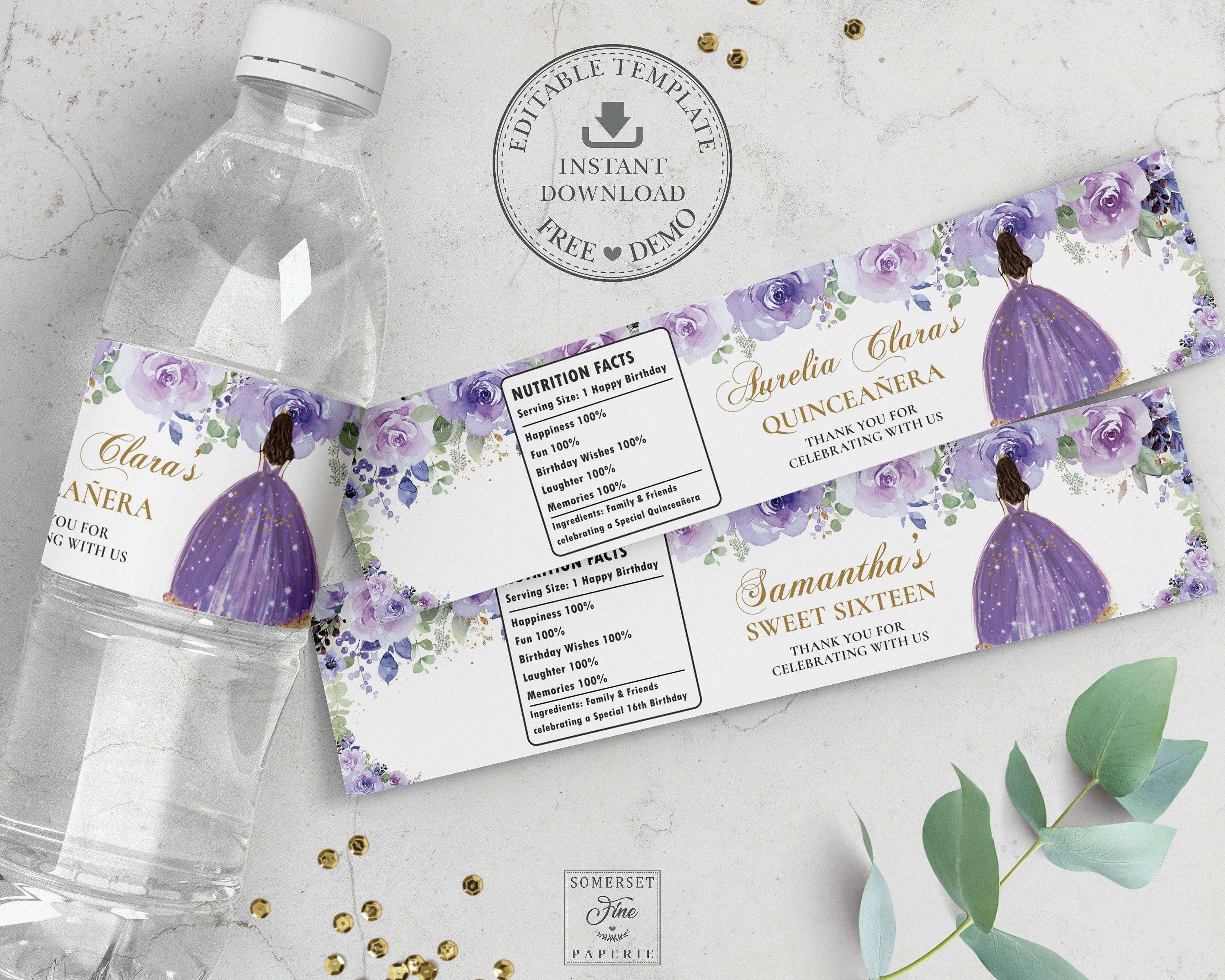 Purple Lilac Floral Quinceanera Water Bottle Label EDITABLE - Etsy