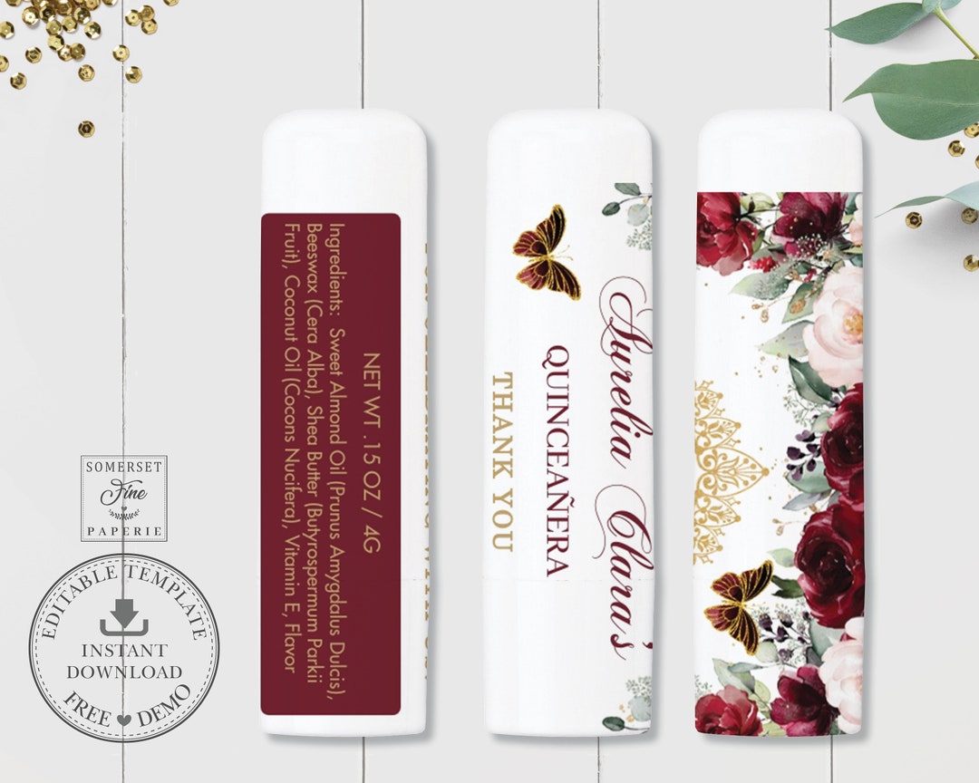 Blush Burgundy Floral Gold Crown Lip Balm Labels Printable EDITABLE ...