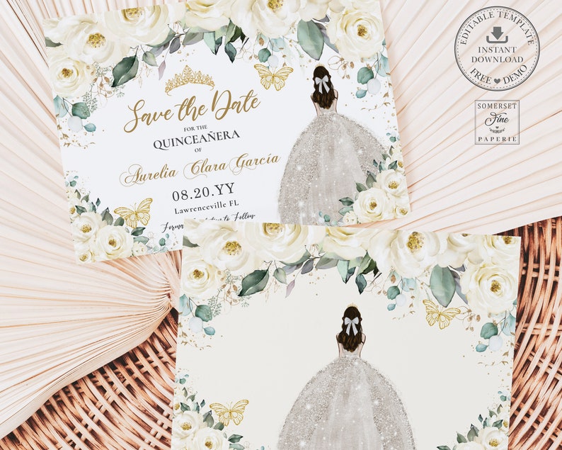 Ivory White Floral Gold Quinceañera Save the Date Card INSTANT - Etsy