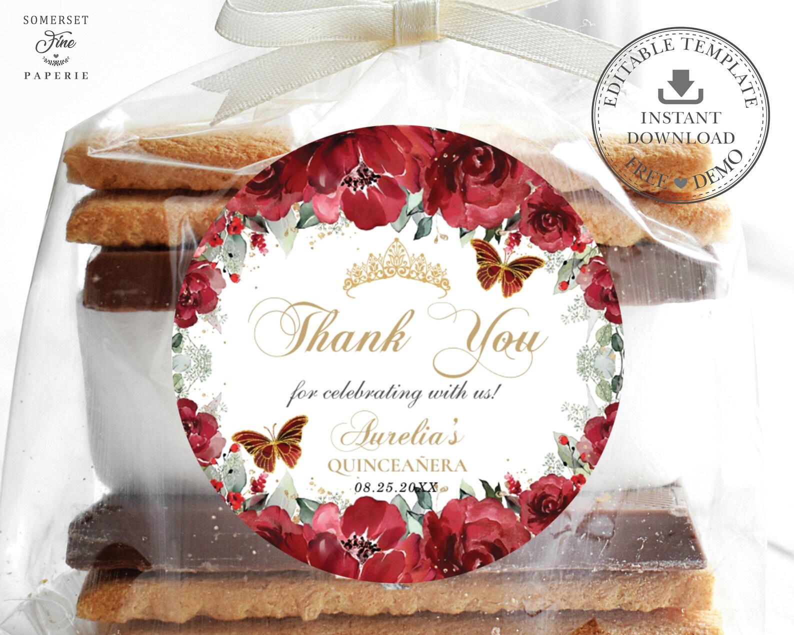 EDITABLE TEMPLATE 2" Circle Favor Label Red Floral Butterflies Gold ...