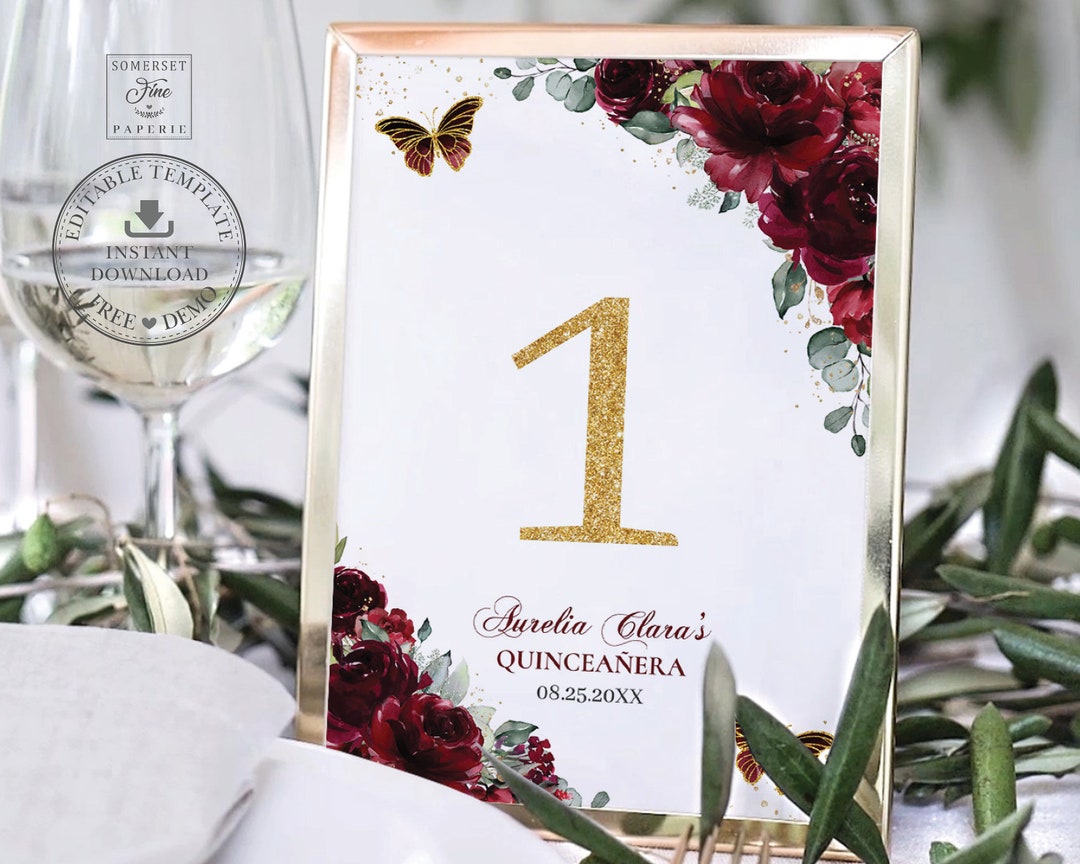 Burgundy Floral Butterflies Table Number EDITABLE Template Quinceañera ...
