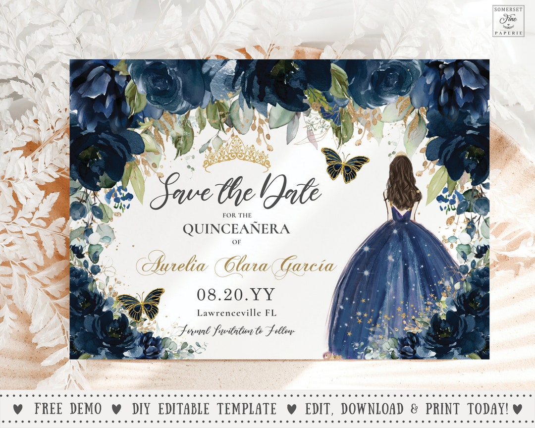 Navy Blue Floral Gold Quinceañera Save the Date Card INSTANT DOWNLOAD ...