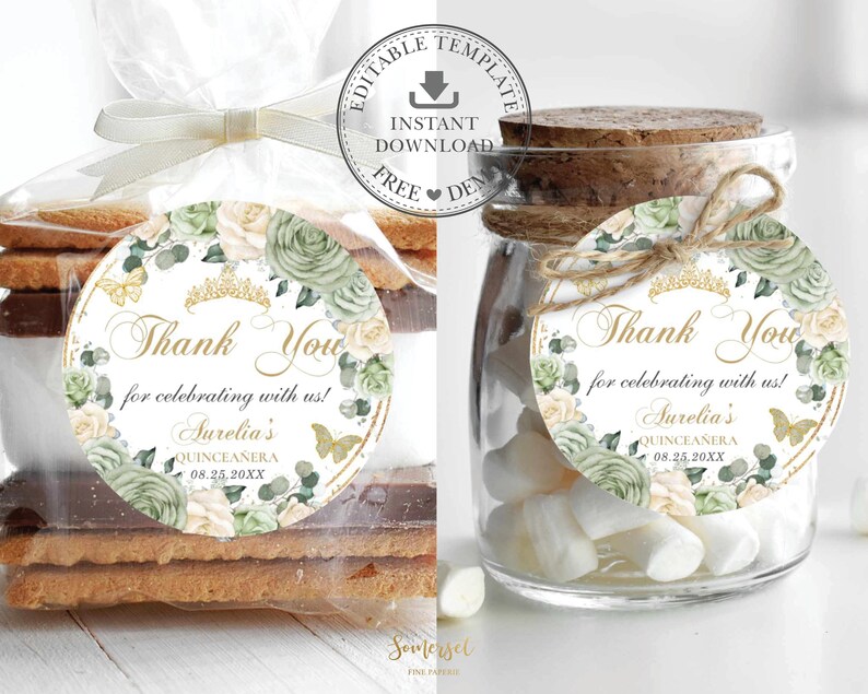 EDITABLE TEMPLATE 2" Circle Favor Label Sage Green Cream Ivory Floral ...
