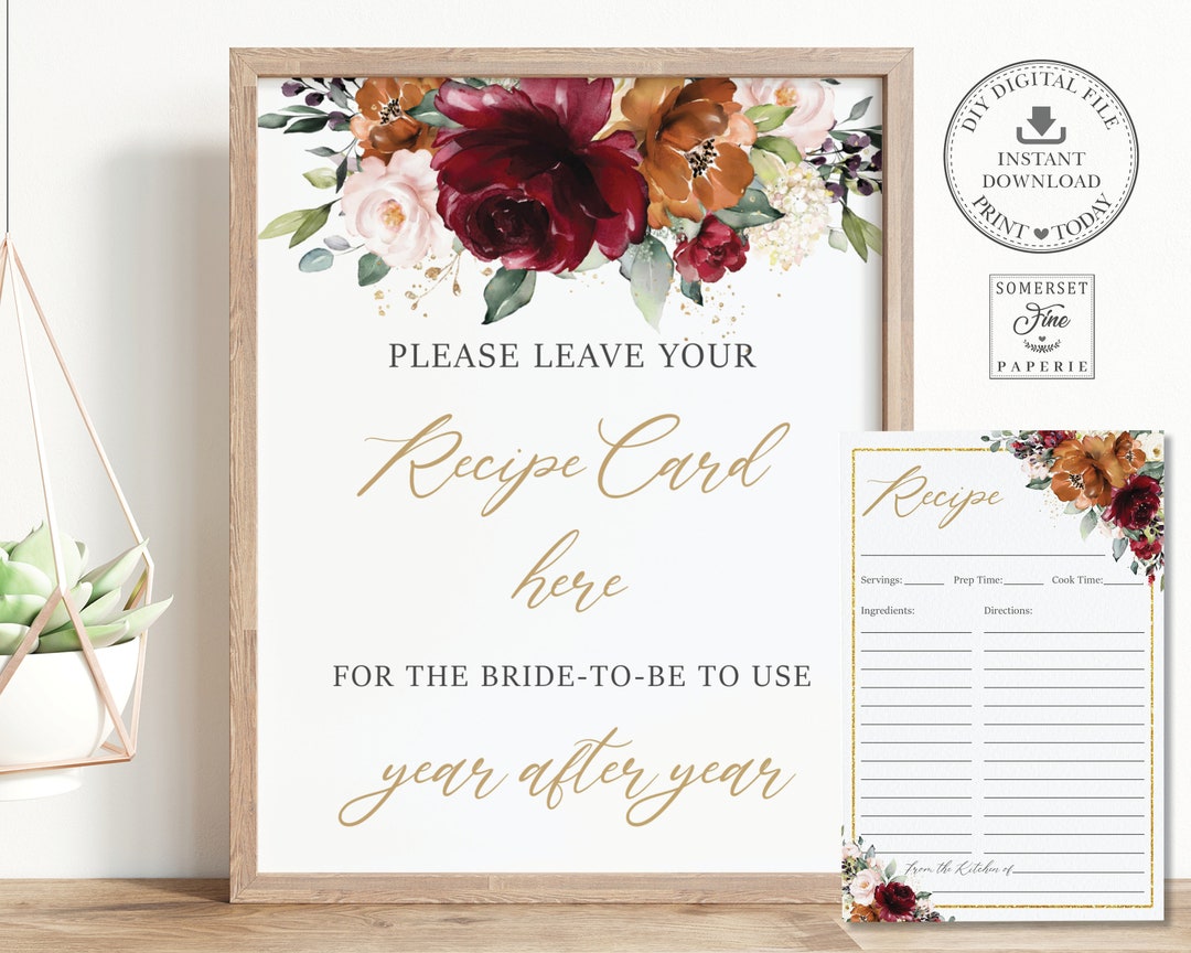 Recipe for Bride to Be Cards and Sign Printable, INSTANT DOWNLOAD ...