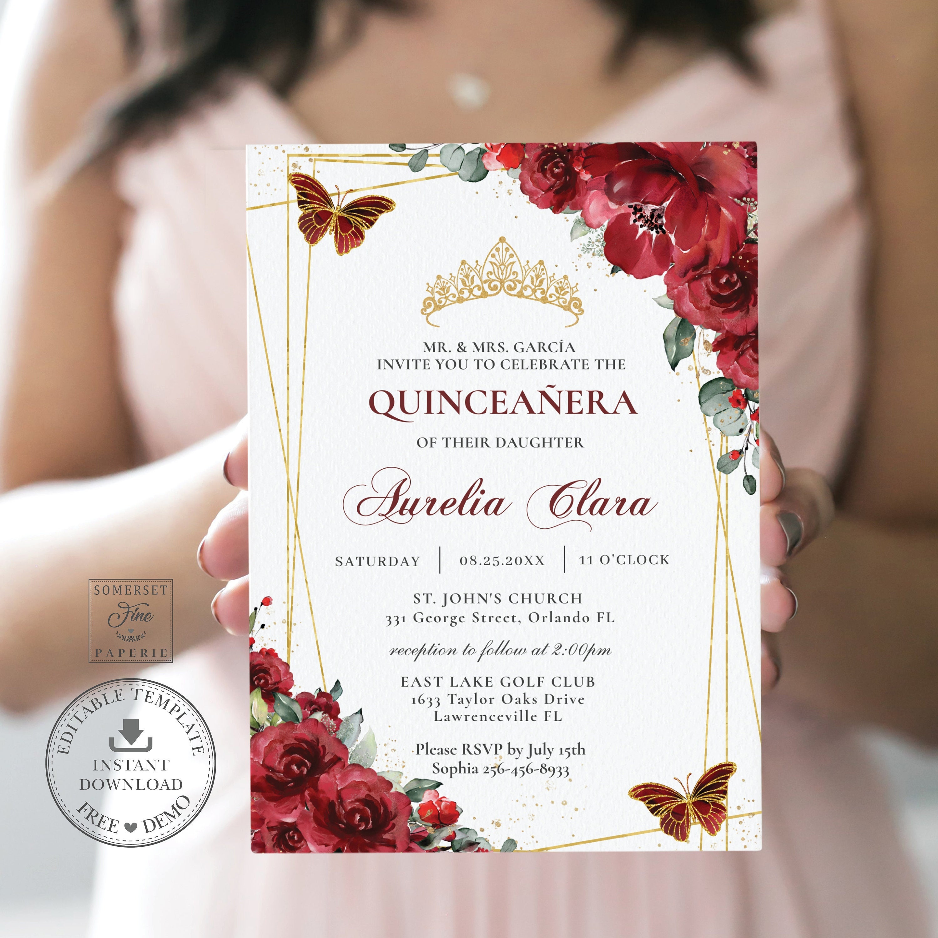 Red Floral Roses Butterflies Quincea era Invitation EDITABLE Etsy