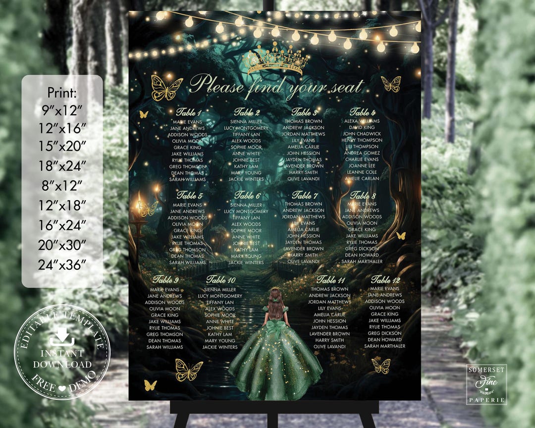 Enchanted Forest Emerald Green Dress Princess Quinceañera Seating Chart ...