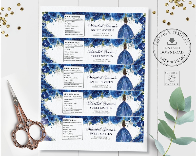 Royal Blue Floral Silver Quinceanera Water Bottle Label EDITABLE ...