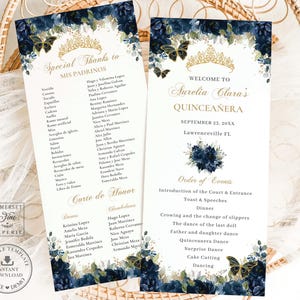 EDITABLE Slim Navy Blue Floral Gold Quinceanera Program Quince XV ...