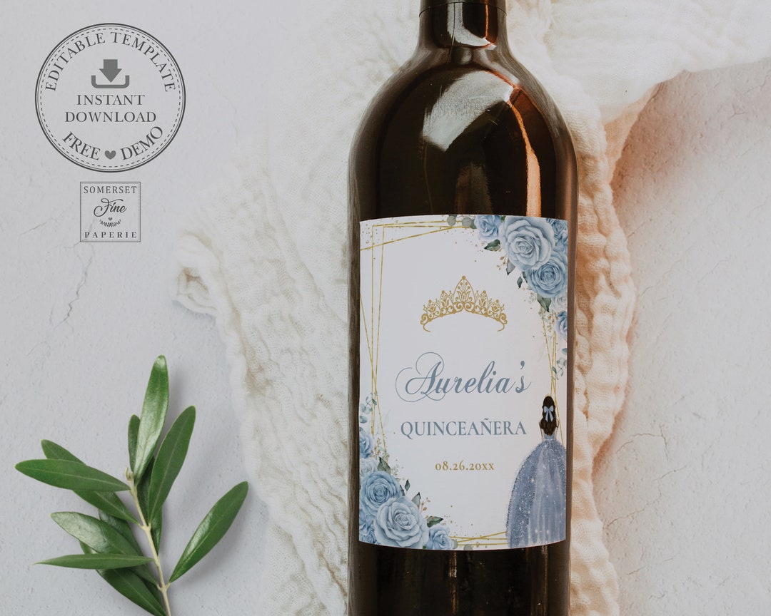 EDITABLE TEMPLATE Wine Bottle Labels Baby Blue Floral Princess Gold ...