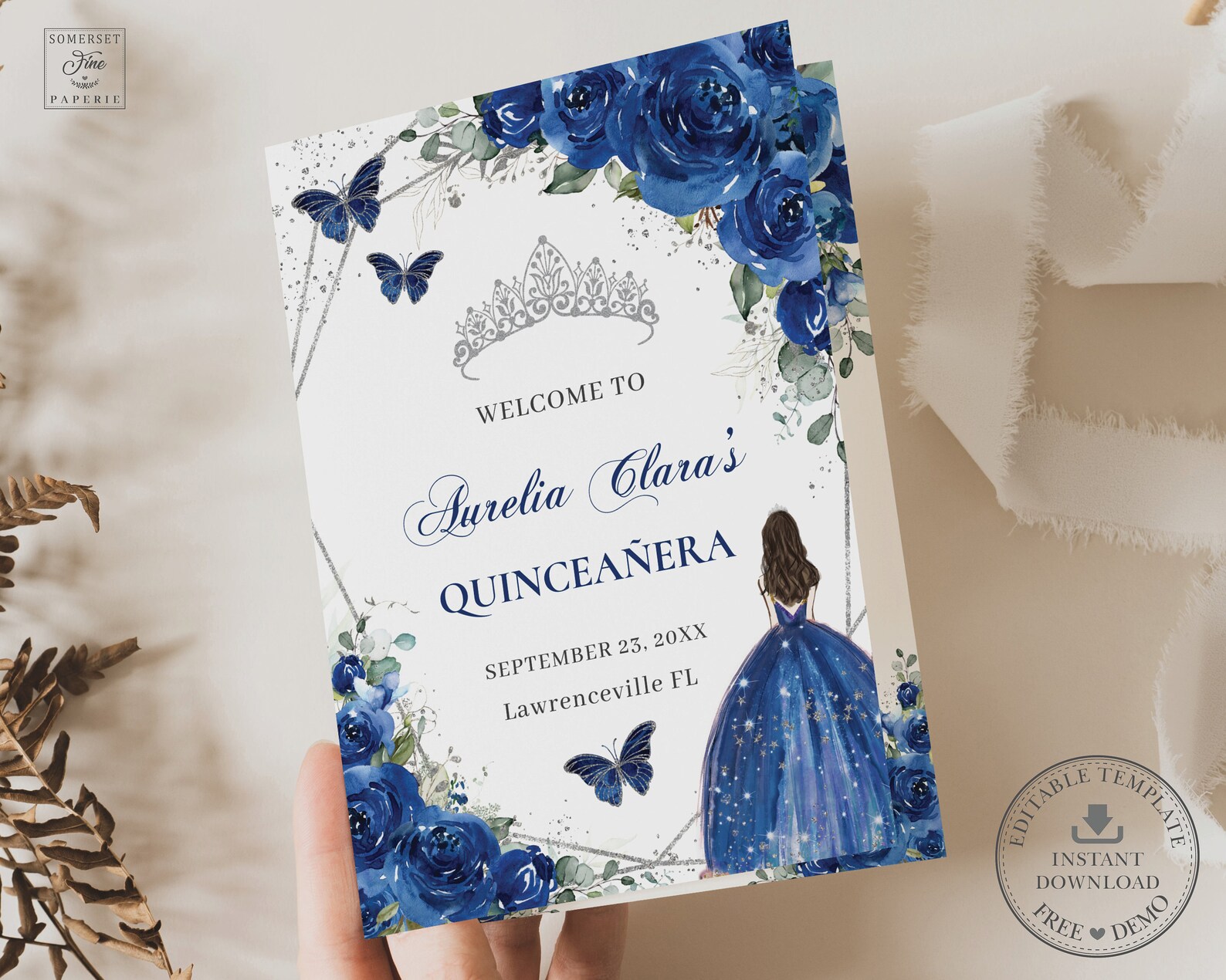 Royal Blue Floral Silver Butterflies Quinceañera Program - Etsy