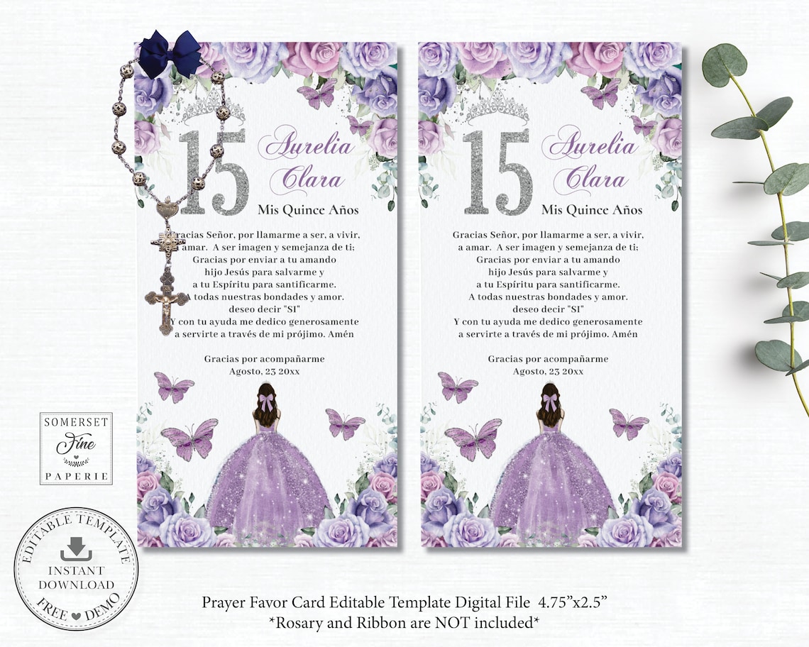 Prayer Card Rosary Favor Purple Lavender Lilac Floral Silver EDITABLE ...