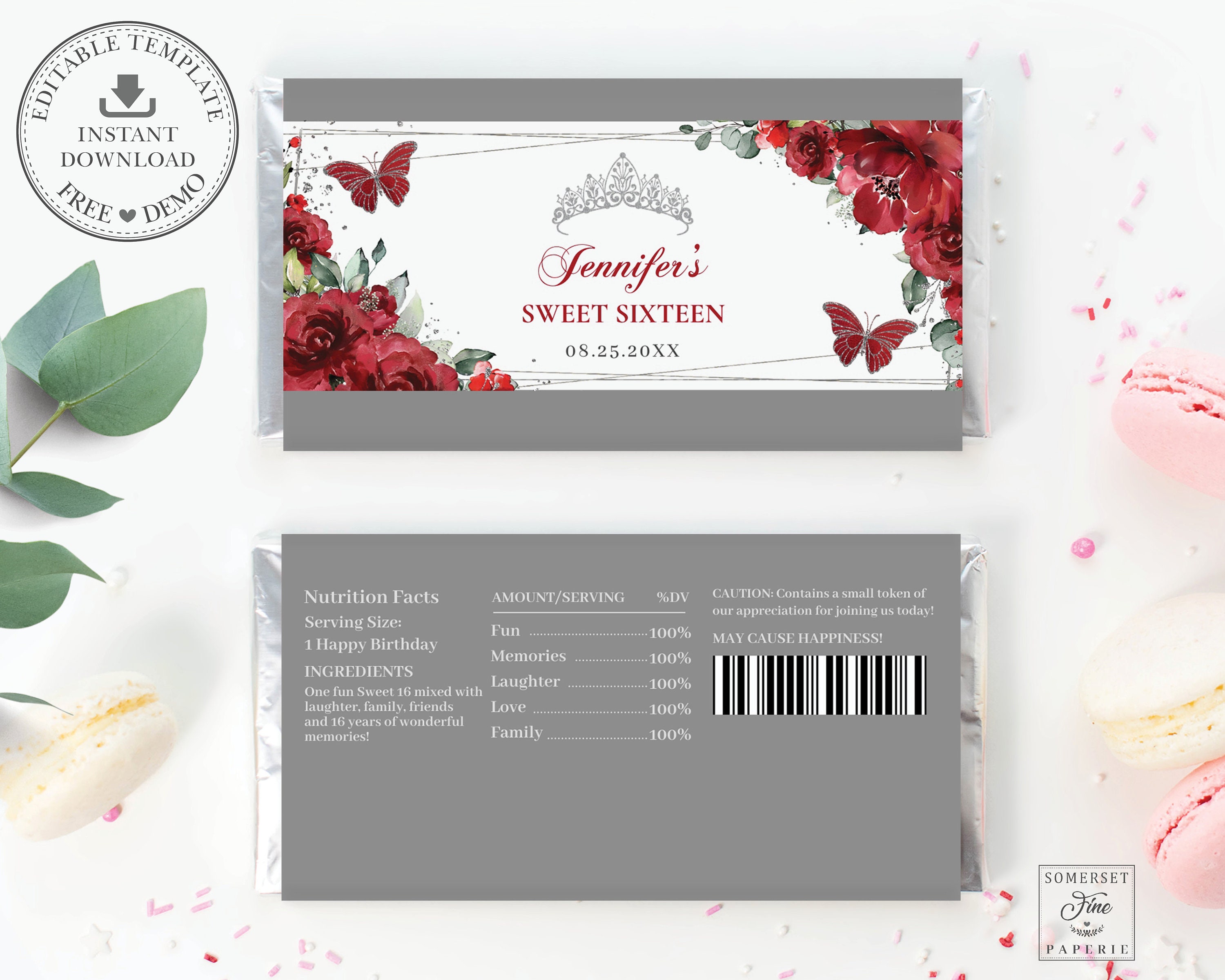 Red Floral Silver Butterflies Chocolate Bar Wrapper EDITABLE - Etsy ...