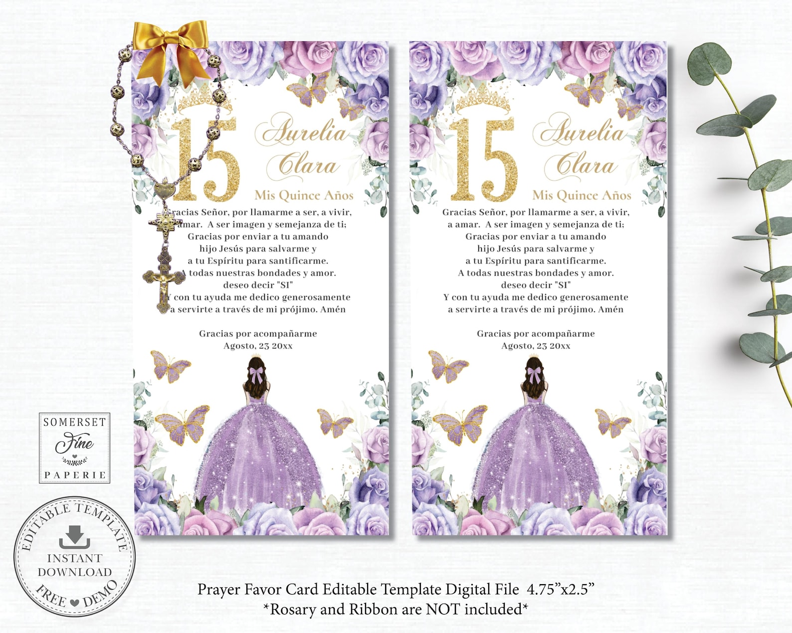Prayer Card Rosary Favor Purple Lavender Lilac Floral Gold EDITABLE ...