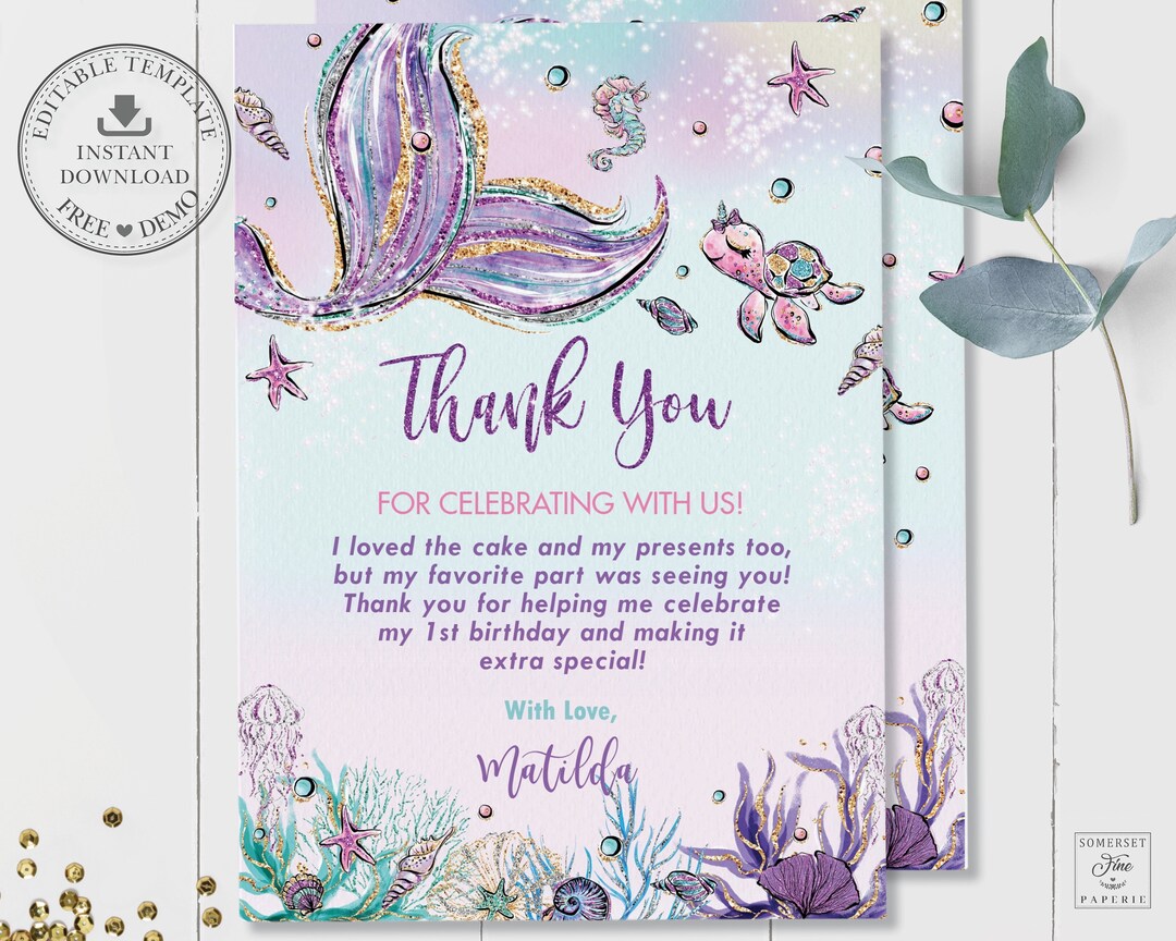 Mermaid Thank You Card INSTANT DOWNLOAD, Mermaid Birthday Party Diy ...