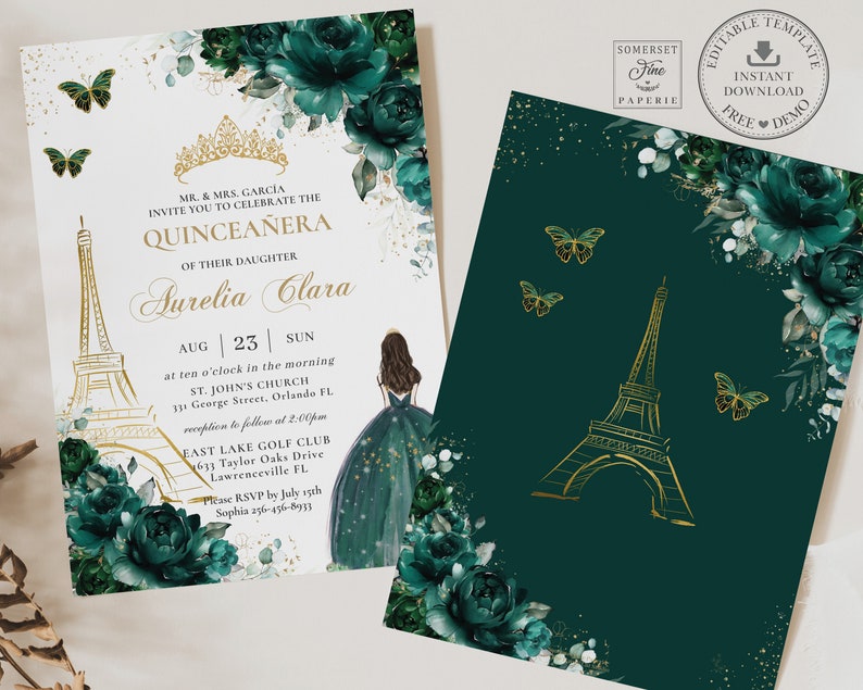 Emerald Green Floral Eiffel Tower Paris Quinceañera Invitation INSTANT ...