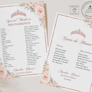 Blush Pink Floral Rose Gold Quinceañera Mis Padrinos List Printable ...