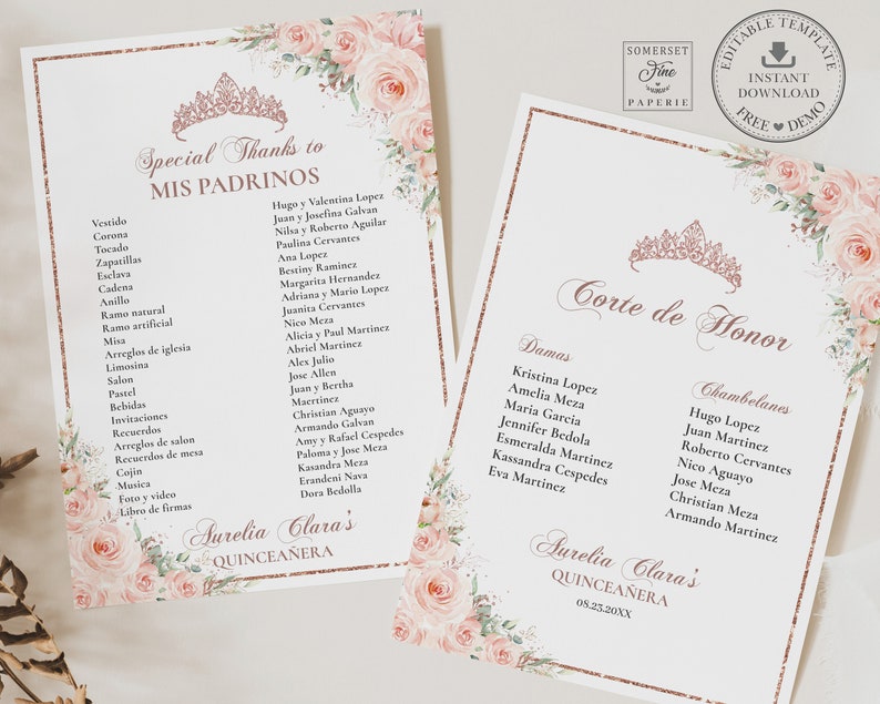Blush Pink Floral Rose Gold Quinceañera Mis Padrinos List - Etsy