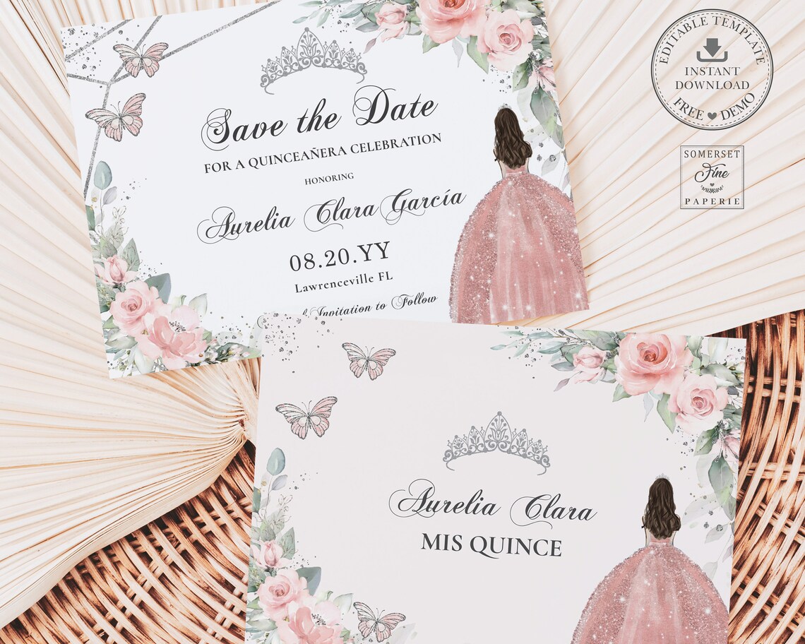 Soft Blush Pink Floral Silver Crown Quinceañera Save the Date - Etsy