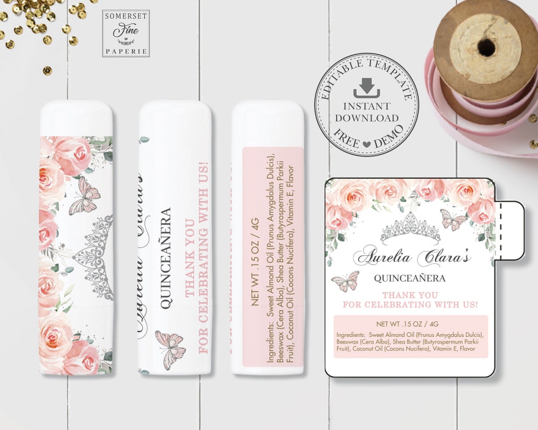 Blush Floral Silver Crown Lip Balm Labels Printable EDITABLE TEMPLATE ...