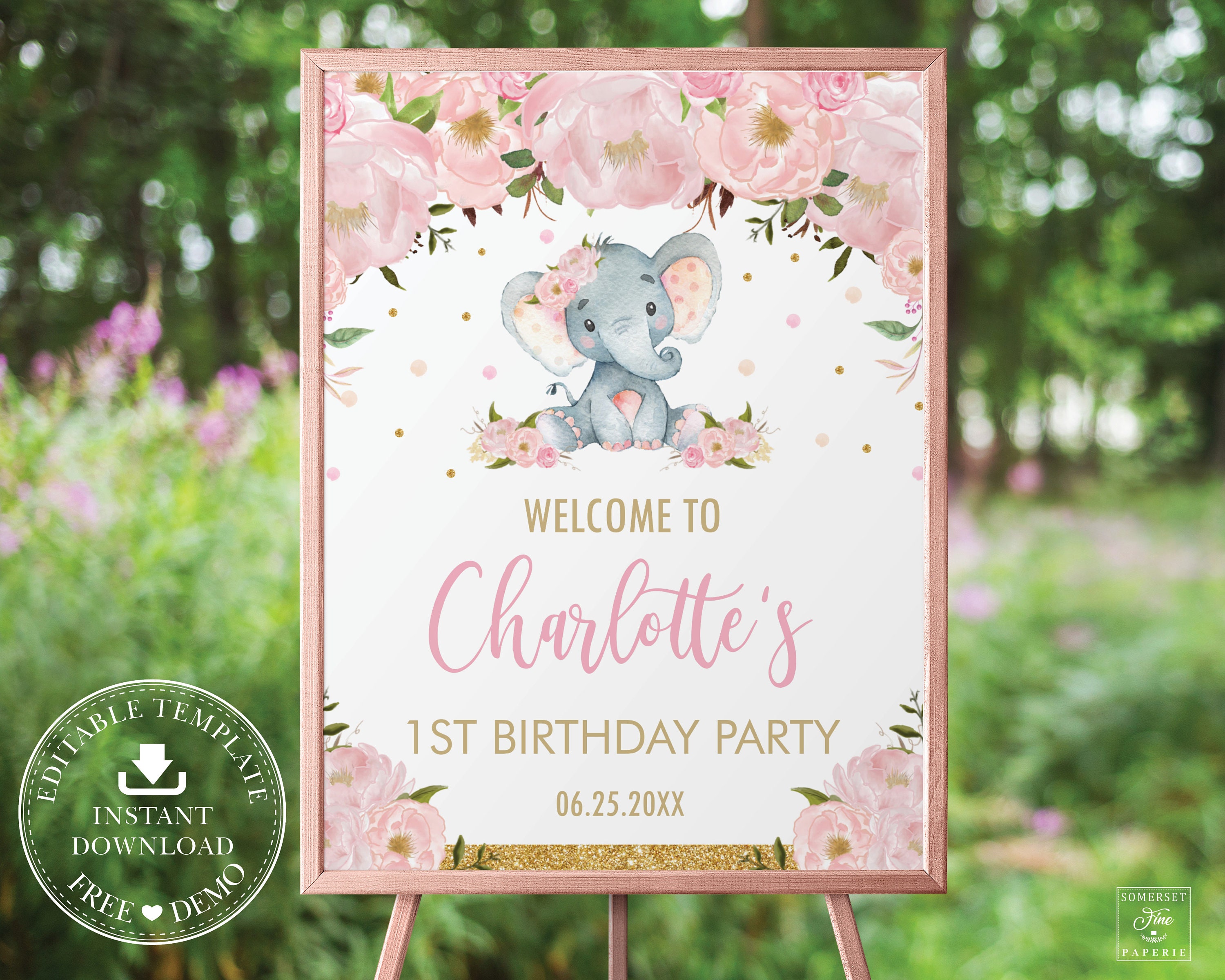 Pink Floral Elephant Welcome Sign EDITABLE TEMPLATE Elephant - Etsy ...