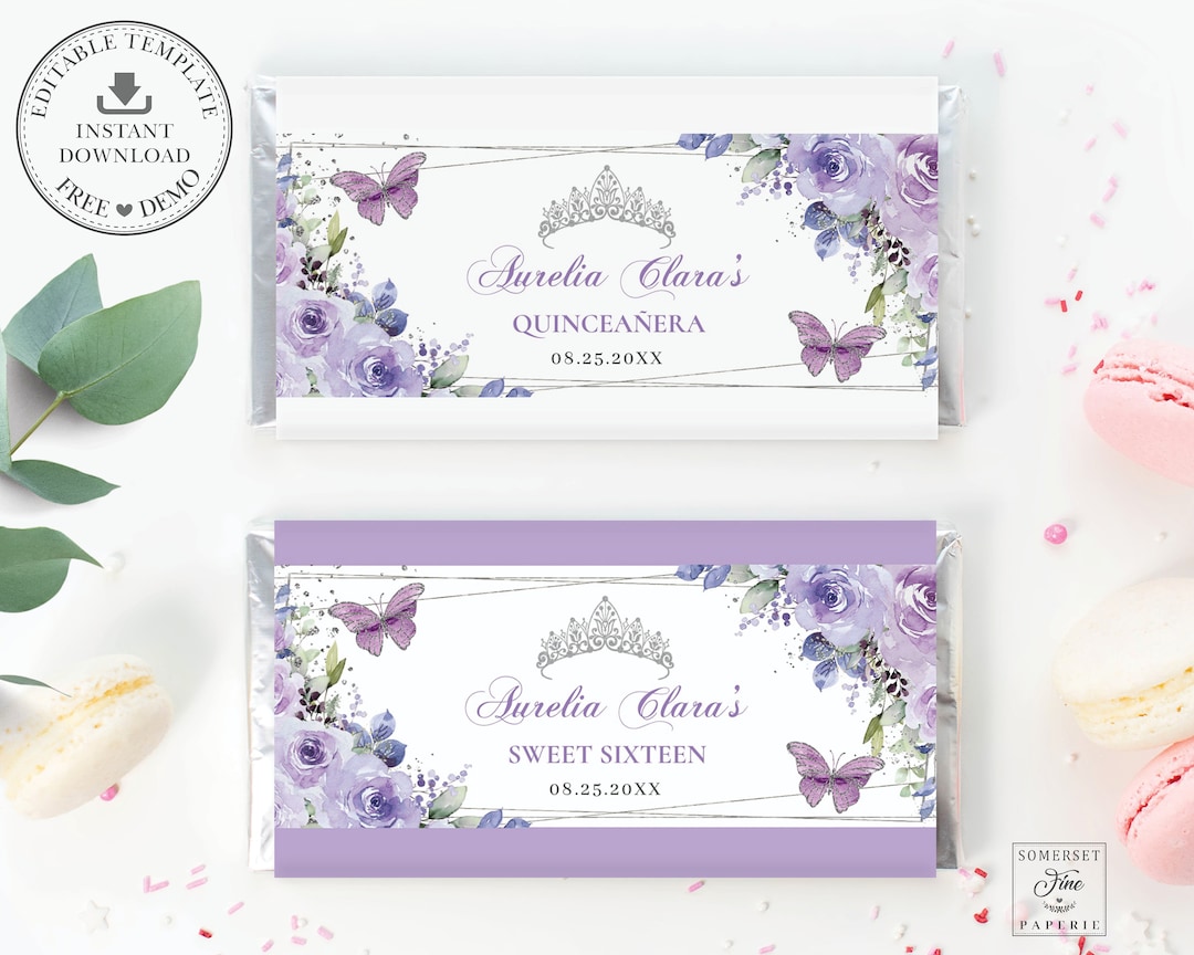 Purple Lilac Floral Silver Butterflies Chocolate Bar Wrapper EDITABLE ...